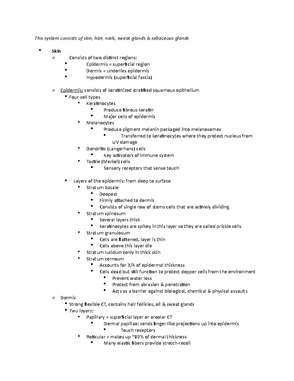 Integumentary System - Lecture notes 5 - This system consists of skin ...