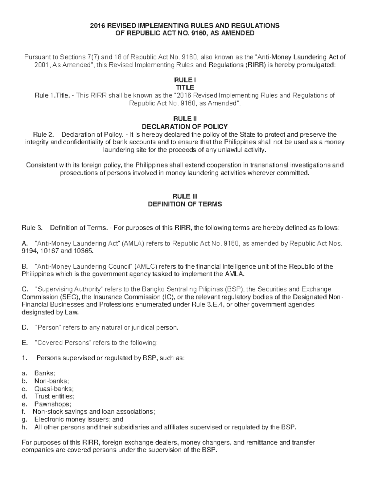 RA 9160 - Anti-Money Laundering Act - 2016 REVISED IMPLEMENTING RULES ...
