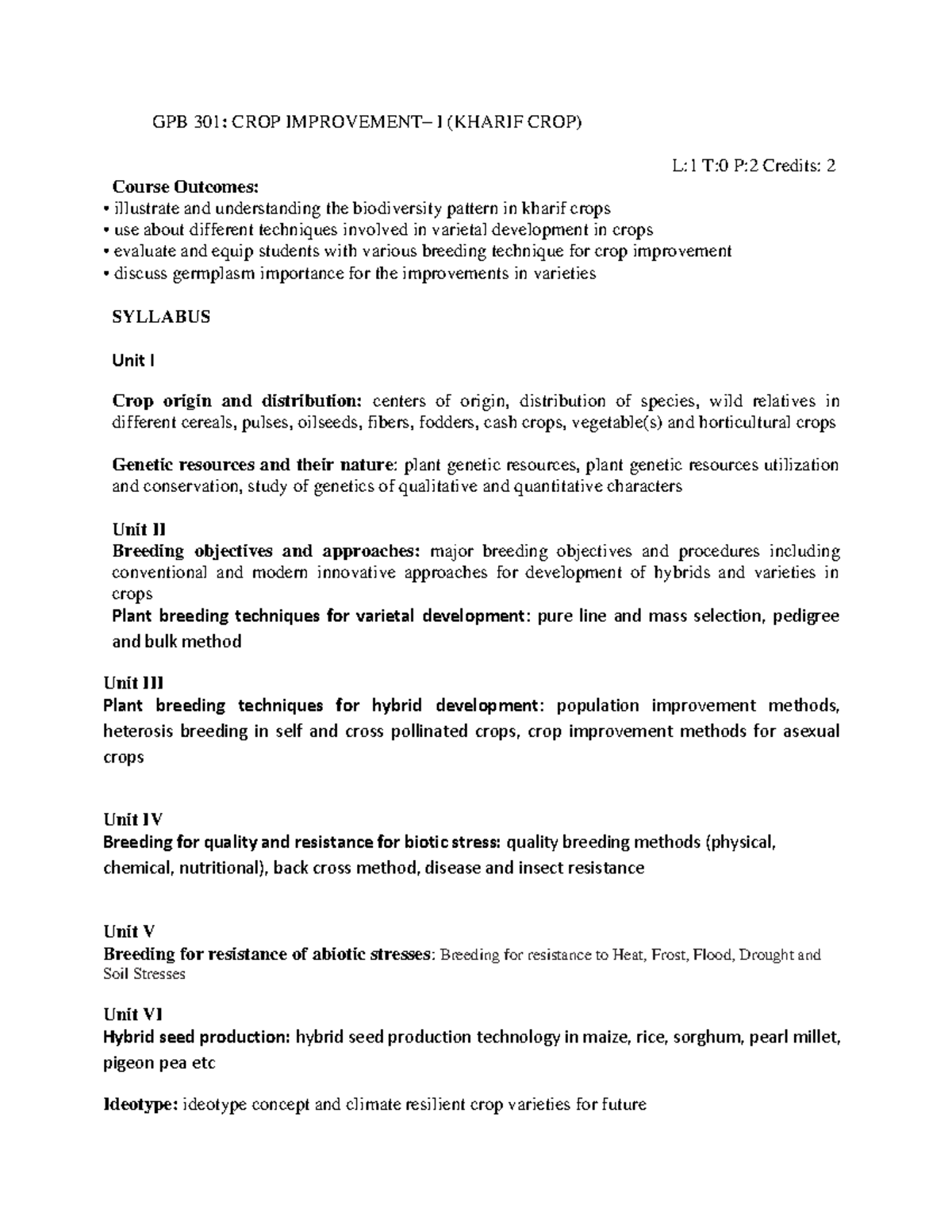 S GPB301 UNIT-1 Full - Presentation - GPB 301 : CROP IMPROVEMENT– I ...