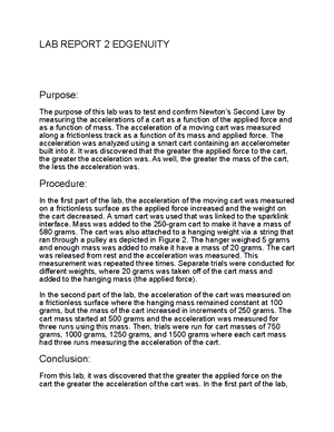 Lab report 1 edgenuity - Motion with Constant Acceleration OnlineLab Report In this lab, I used ...