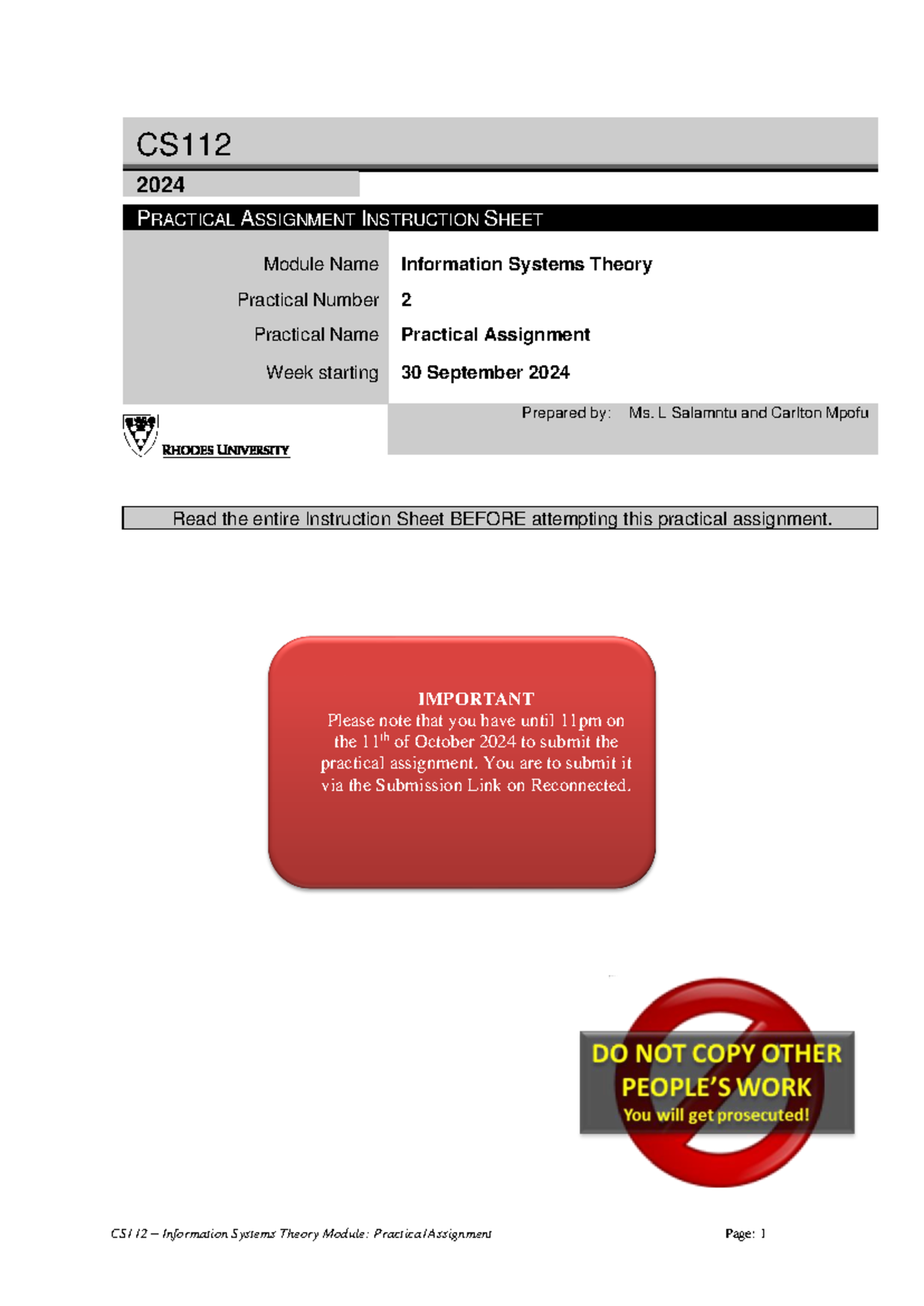 CS112 - IST - Lectures 4,6-9 - Pract 2 - CS 2024 PRACTICAL ASSIGNMENT INSTRUCTION SHEET Module ...