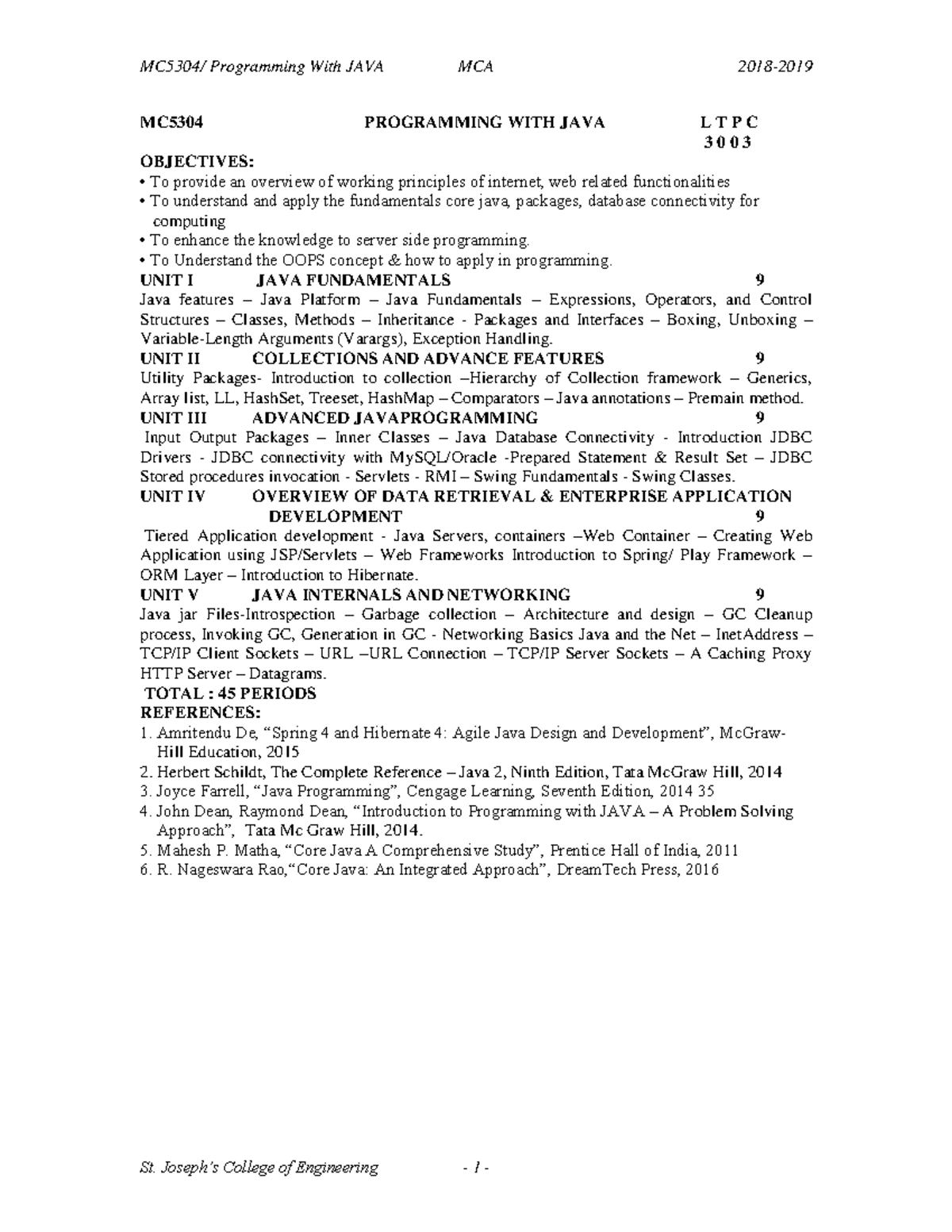 MC5304 Programming WITH JAVA - MC5304 PROGRAMMING WITH JAVA L T P C 3 0 0 3 OBJECTIVES: To ...