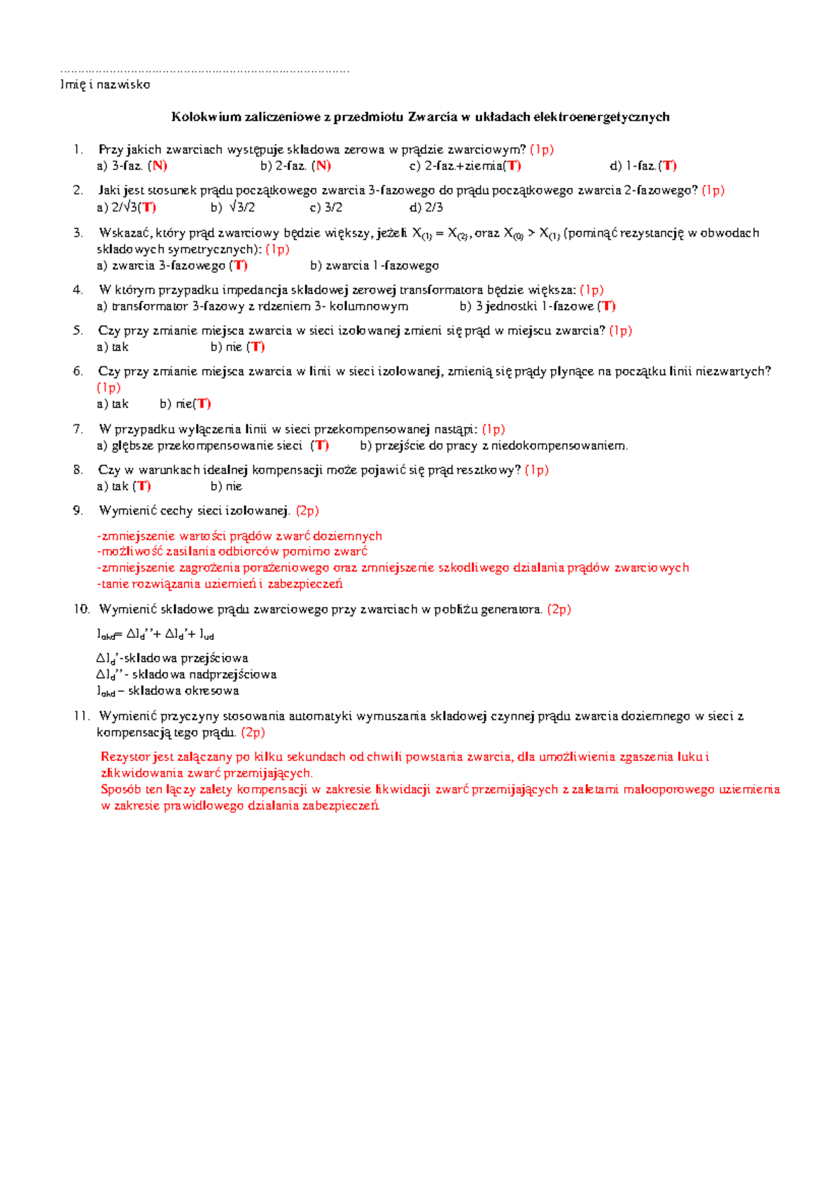 Kolokwium Short circ - Zwarcia w systemach elektroenergetycznych zaliczenie - - Studocu