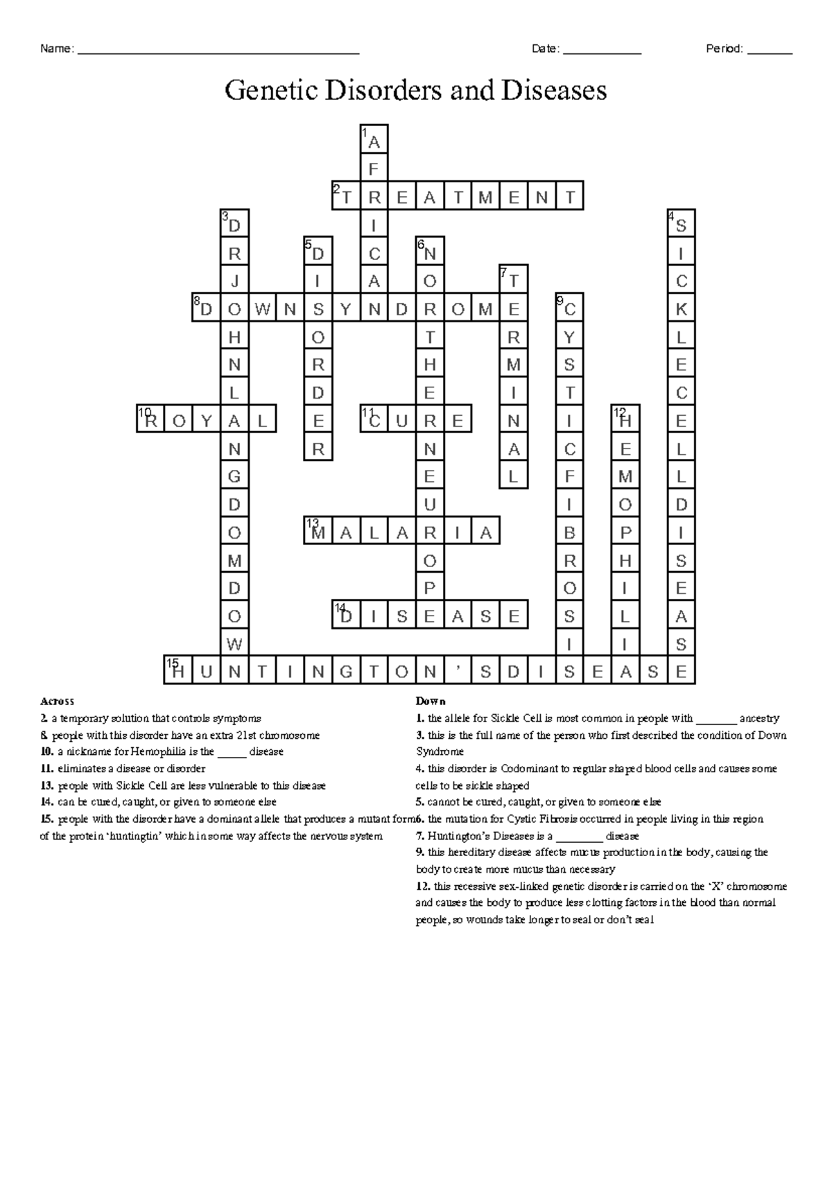 Genetic Disorders and Diseases answer key - Across 2. a temporary ...