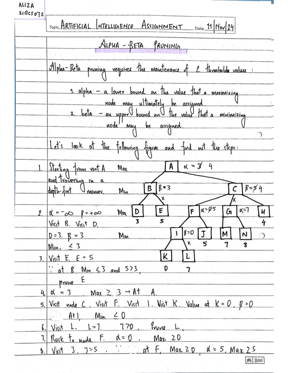 21BCS072 AI Assignment - ALIZA 21BC5072 Topic ARTIFICIAL INTELLIGENCE ASSIGNMENT Date ALPHA BETA ...