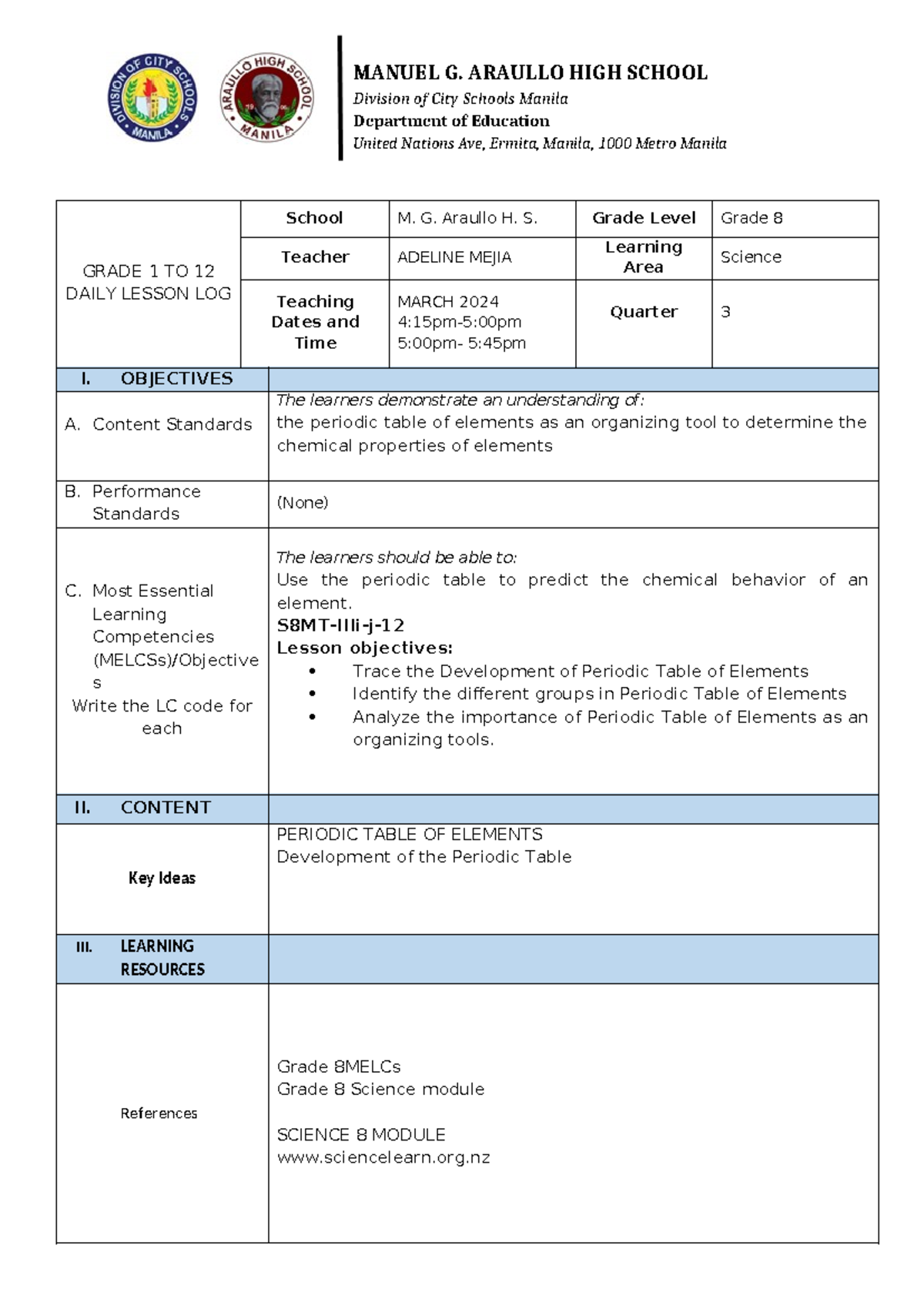 GR 8 Lesson PLAN- Development OF Periodic Table - Division of City ...