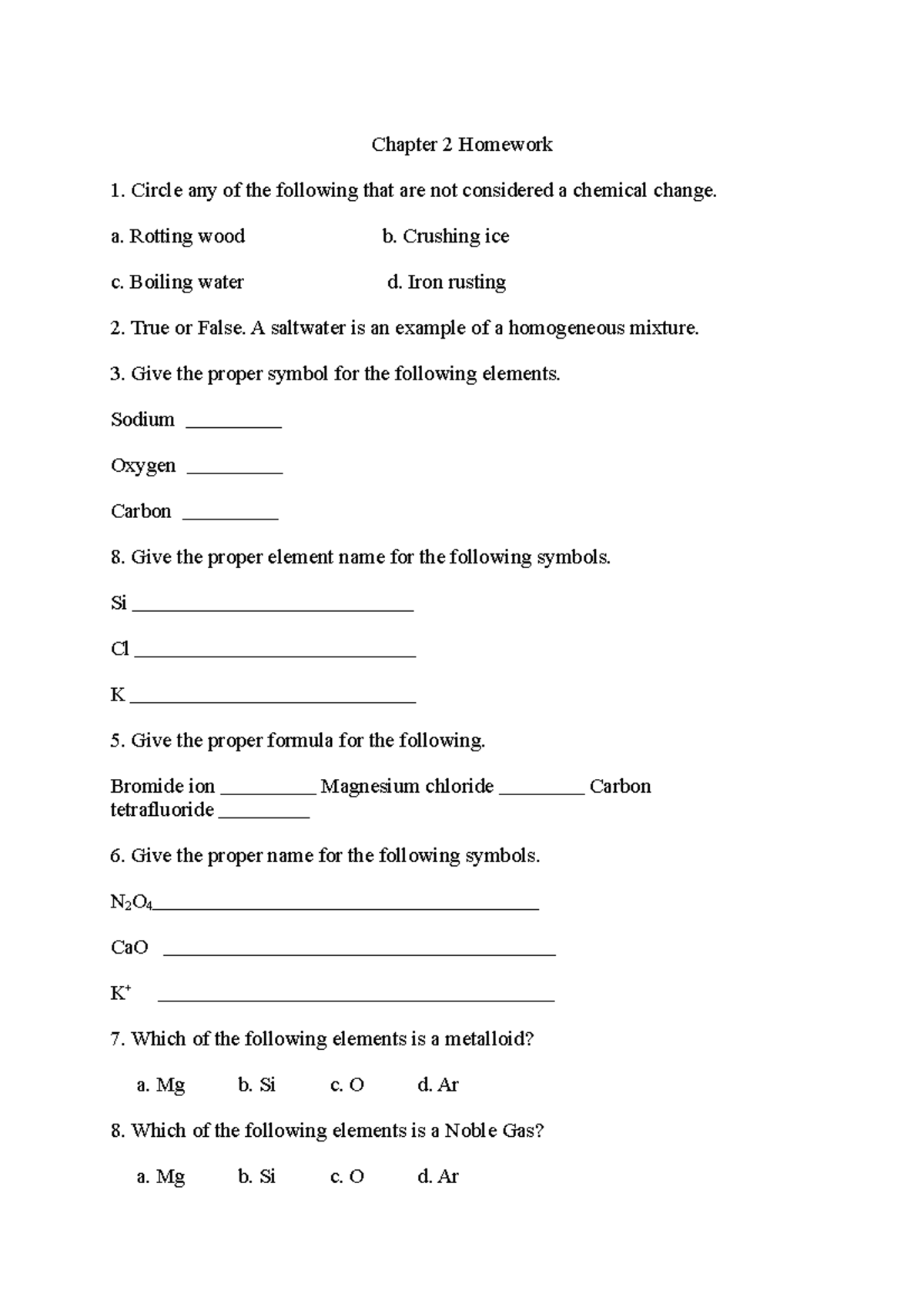 CHEM 1900 homework chapter 2 + solution - Chapter 2 Homework Circle any ...