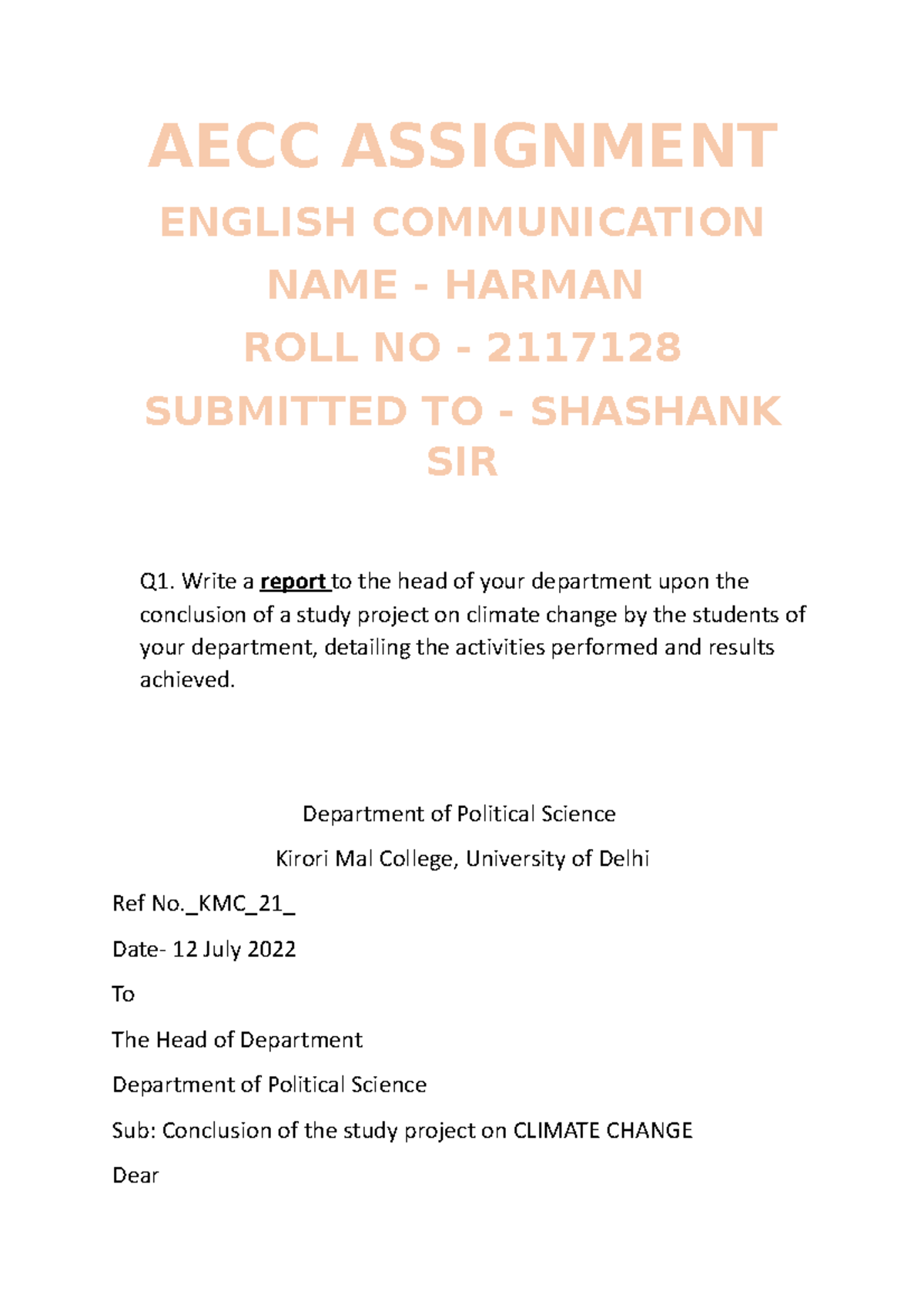 Aecc assignment - its an report - AECC ASSIGNMENT ENGLISH COMMUNICATION NAME - HARMAN ROLL NO ...