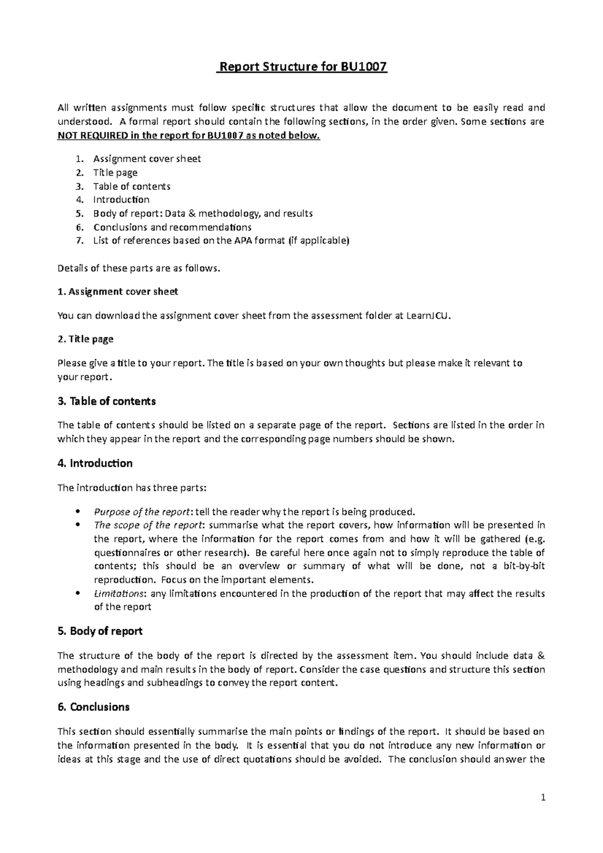 Report Structure for BU1007 - Report Structure for BU All written ...