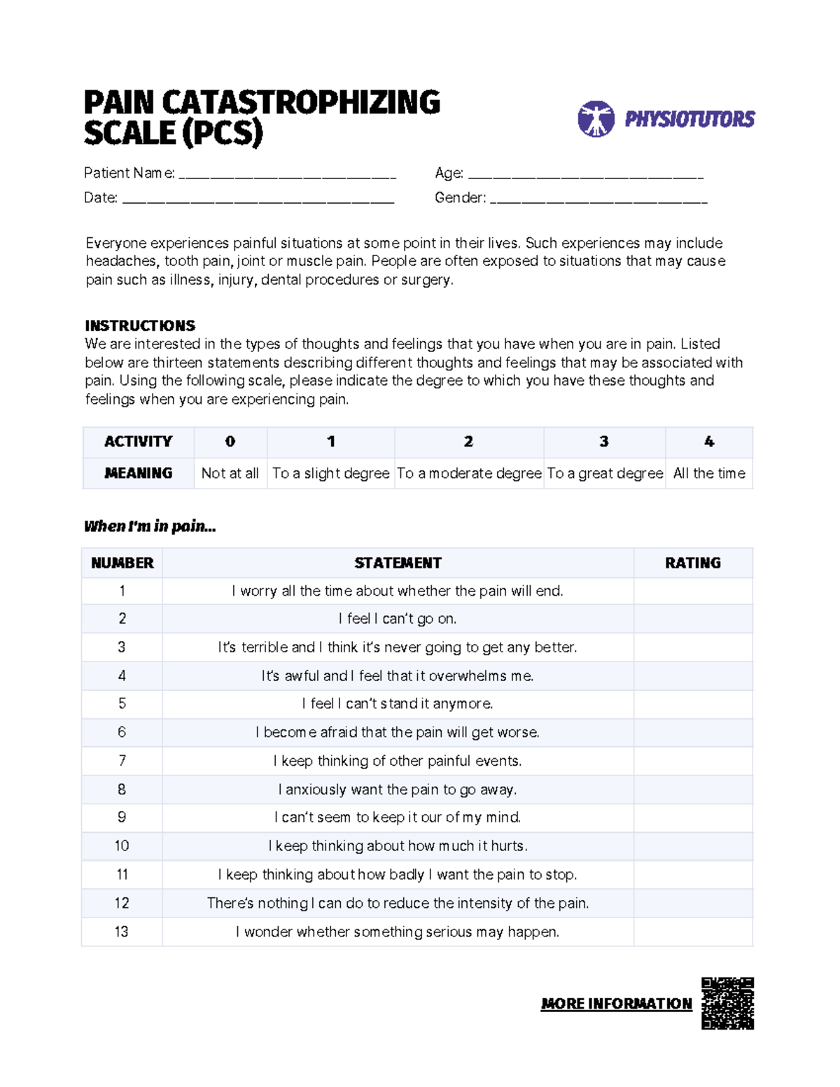 Pain catastrophizing scale PCS - NUMBER STATEMENT RATING 1 I worry all ...