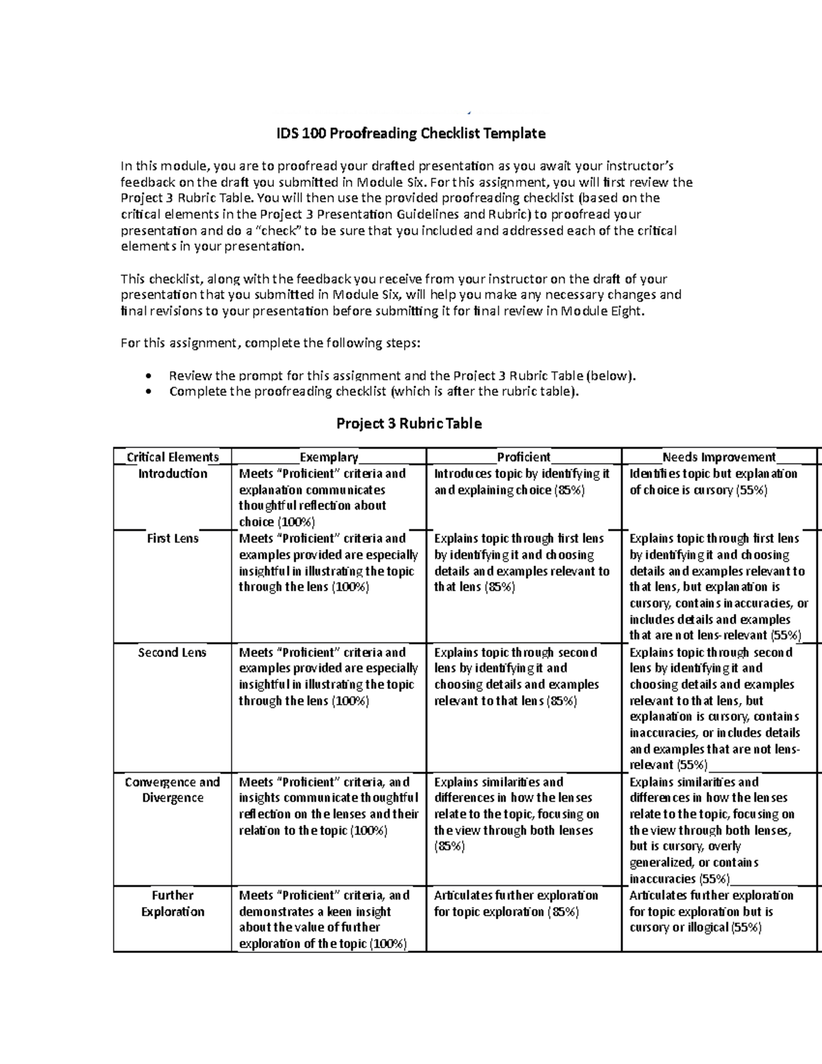 IDS 100 Proofreading Checklist Template final - For this assignment ...