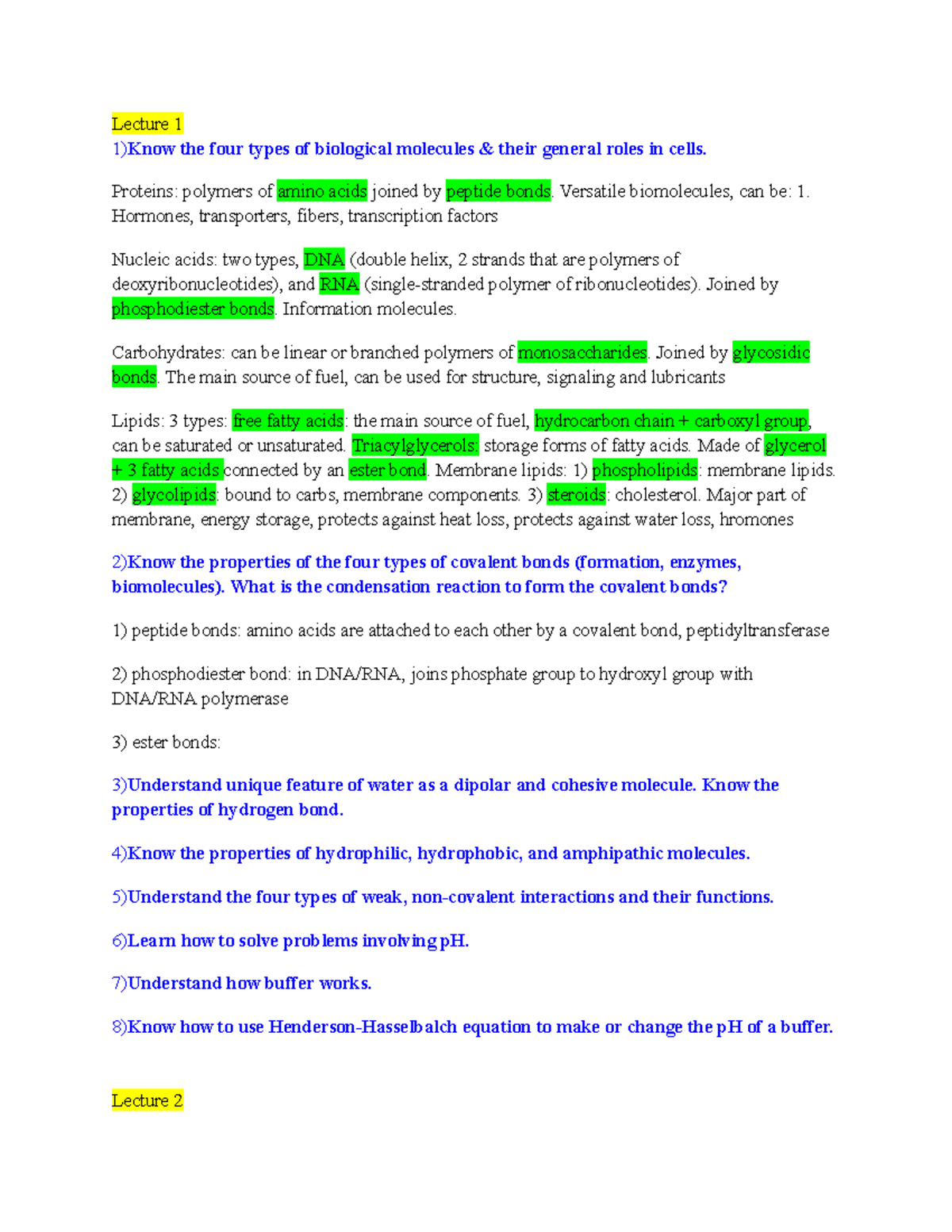 Biochem Exam 1 Notes Lecture 1 1 Know The Four Types Of Biological Molecules And Their General