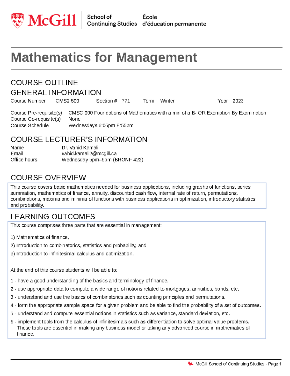 CMS2 500 Course Outline Winter 2023 - Mathematics for Management COURSE ...