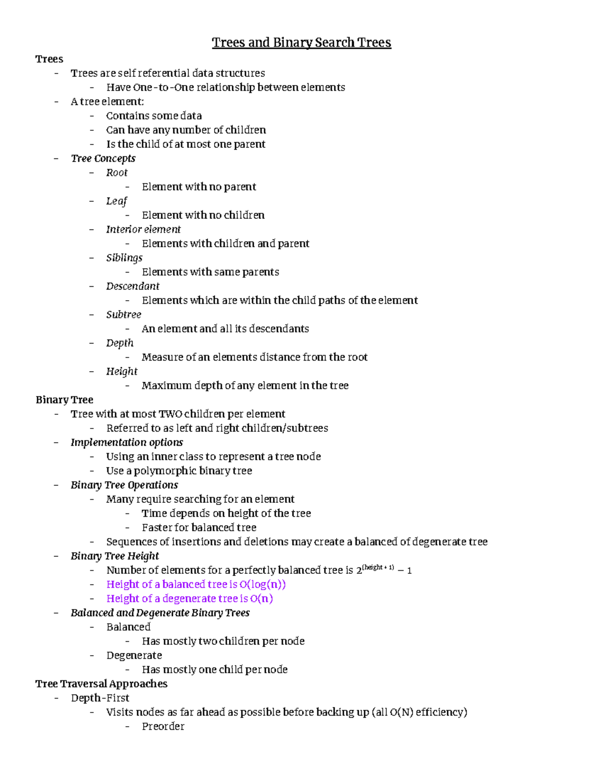 Exam 3 + Final Notes - Trees and Binary Search Trees Trees - Trees are ...