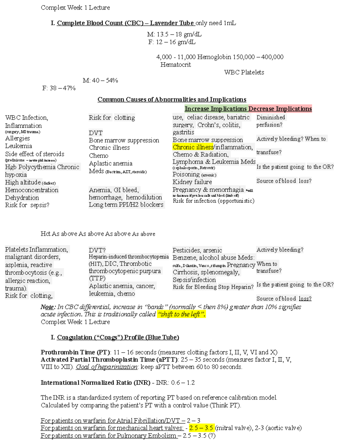 Complex Exam 1 Lectures - Complex Week 1 Lecture I. Complete Blood ...