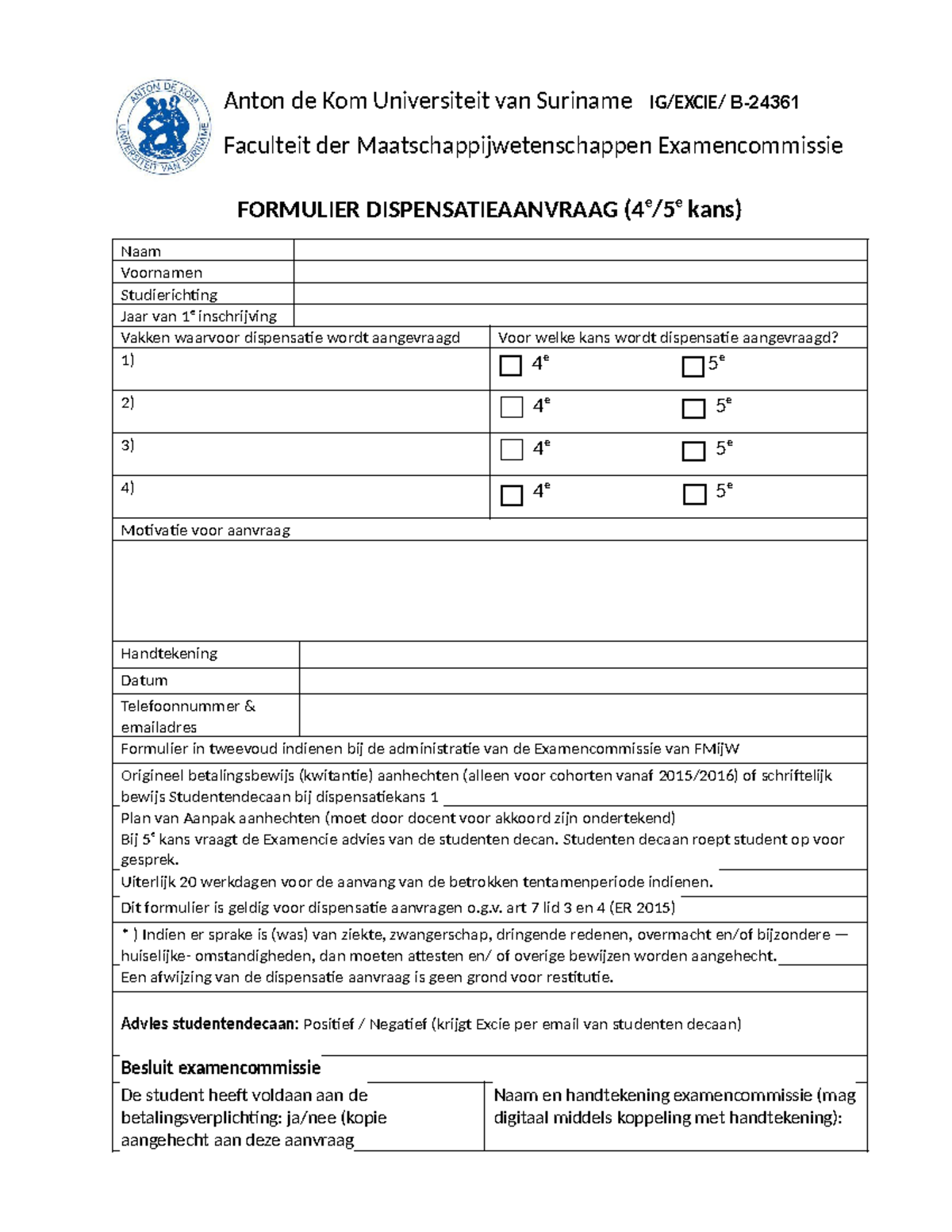1a. Format voor dispensatieaanvraag 4e en 5e kans - ER 2015 Final ...