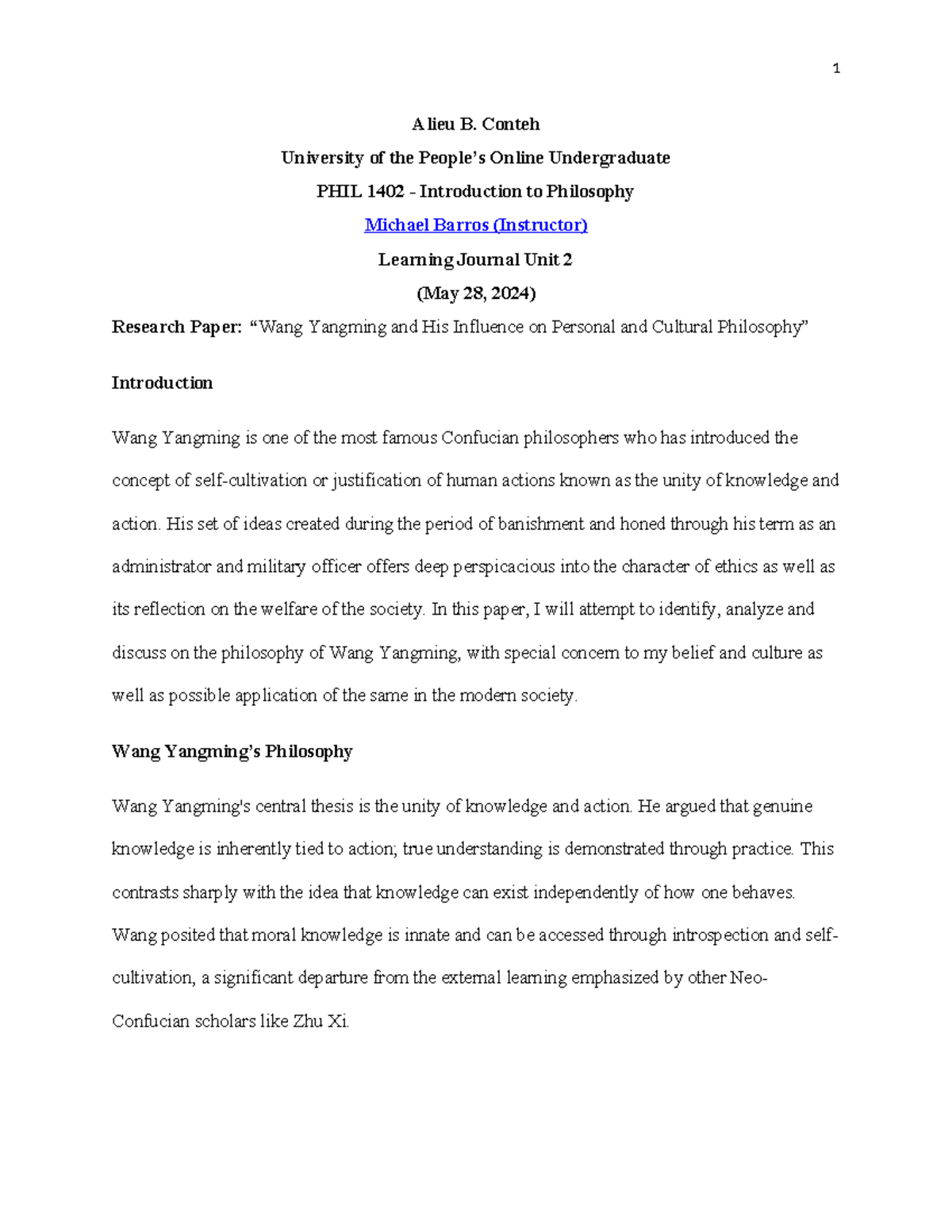 Philosophy Written Assignment Unit 7 - Alieu B. Conteh University of ...