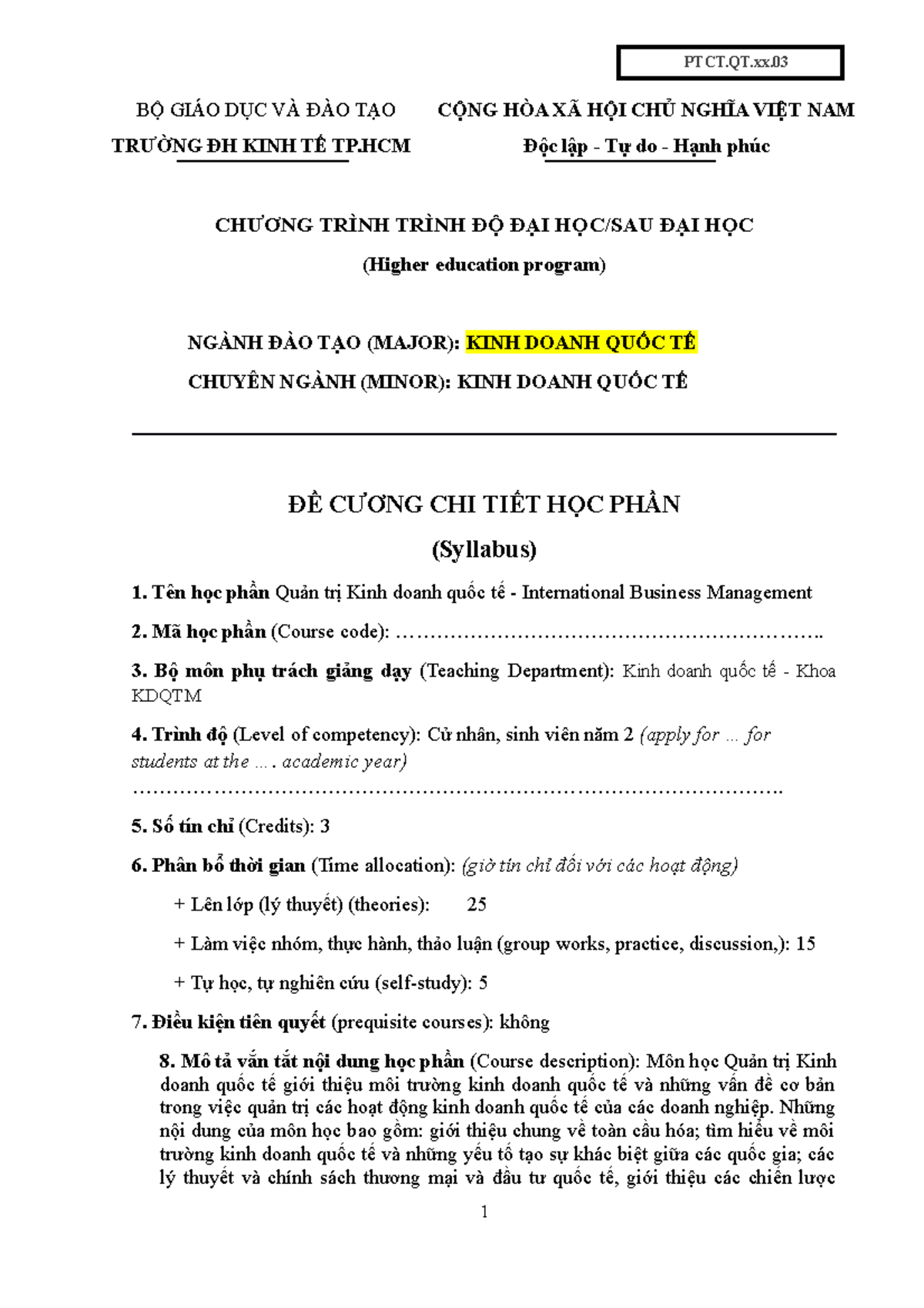 FORM 3. Quan tri Kinh doanh Quoc te - BỘ GIÁO DỤC VÀ ĐÀO TẠO TRƯỜNG ĐH KINH TẾ TP CỘNG HÒA XÃ ...