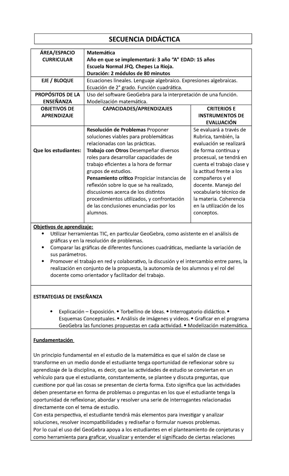 Secuencia modelizacion 095419 - SECUENCIA DIDÁCTICA ÁREA/ESPACIO ...