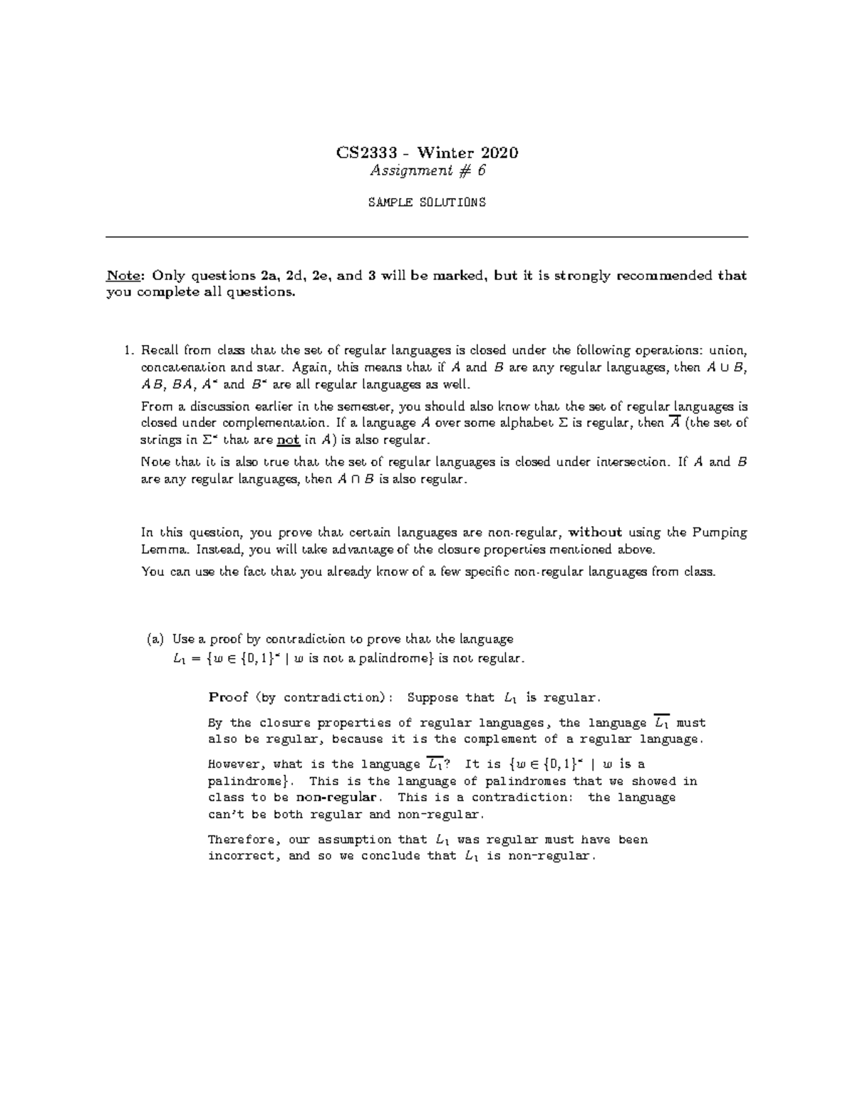 Assignment 6 solutions - CS2333 - Winter 2020 Assignment # 6 SAMPLE ...