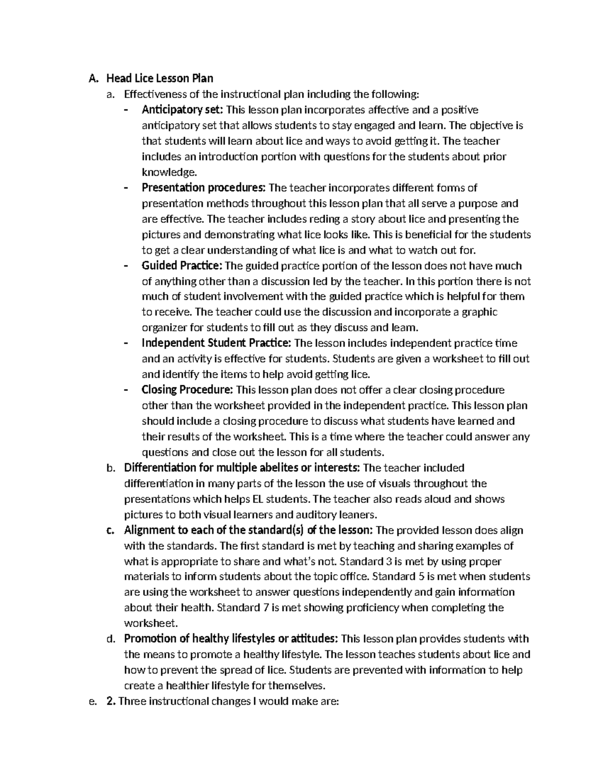 EBP2 Lesson Plan - A. Head Lice Lesson Plan a. Effectiveness of the ...
