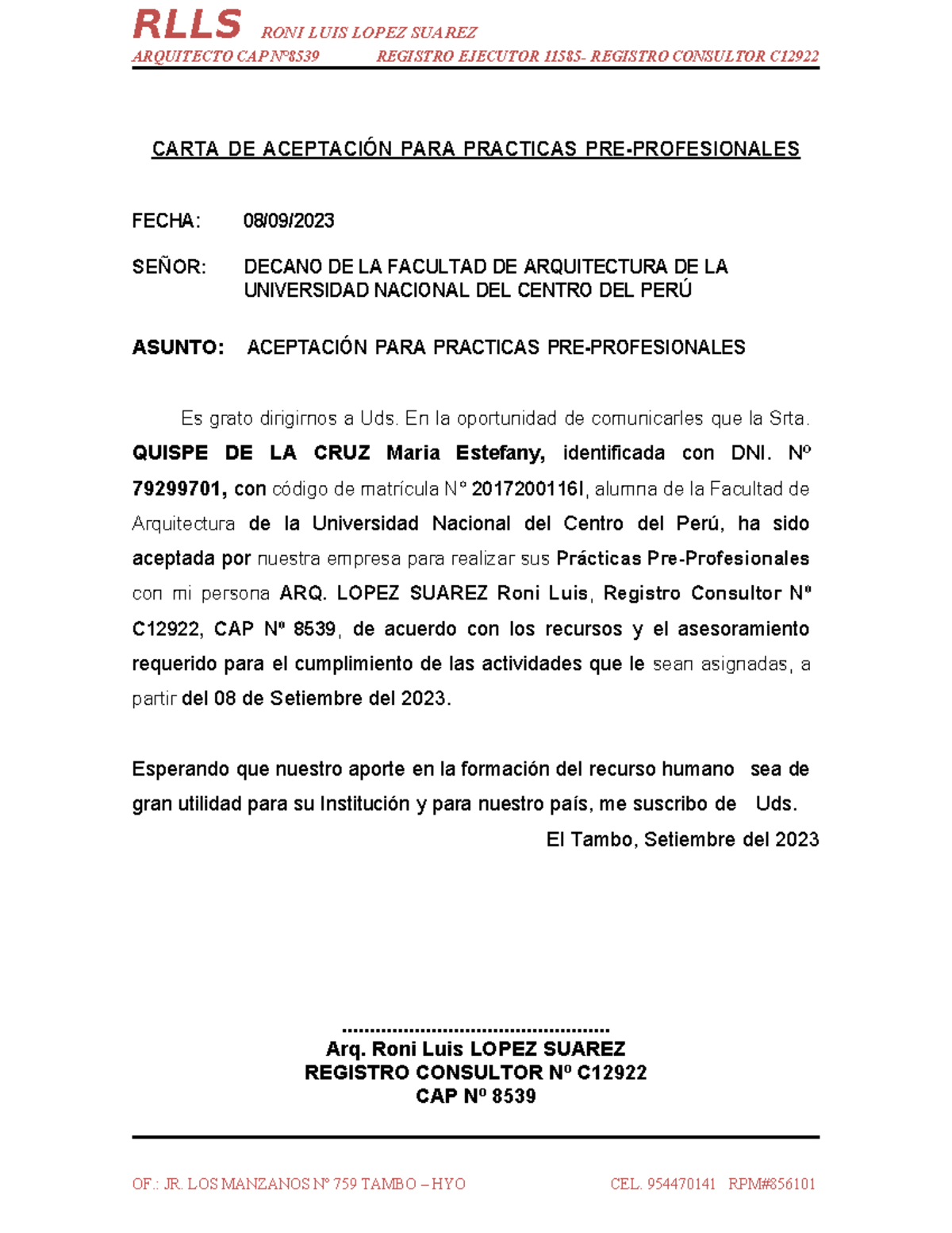 Carta DE Aceptacion - RLLS RONI LUIS LOPEZ SUAREZ ARQUITECTO CAP N°8539 ...