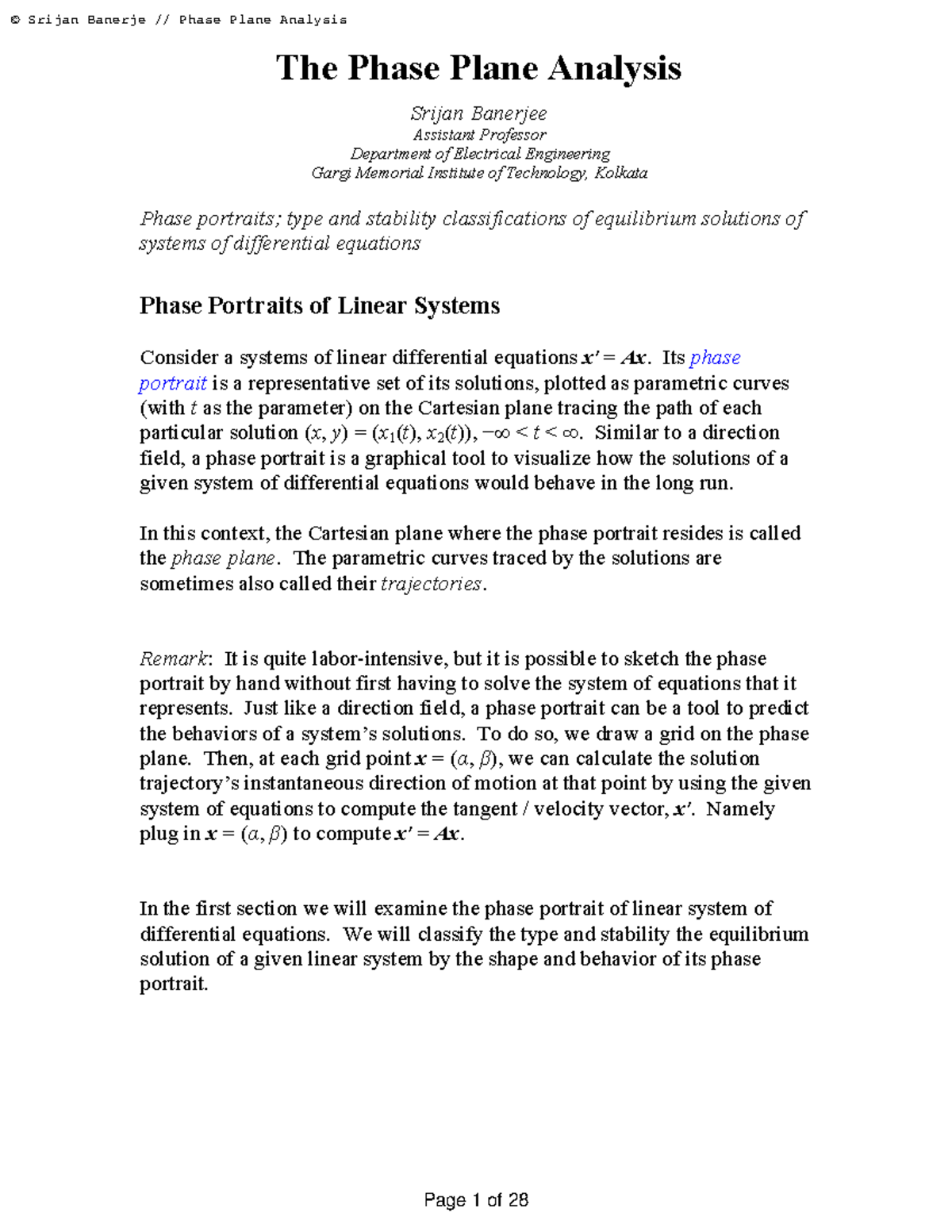 Phase Plane Analysis - Lecture notes 2 - Phase portraits; type and ...