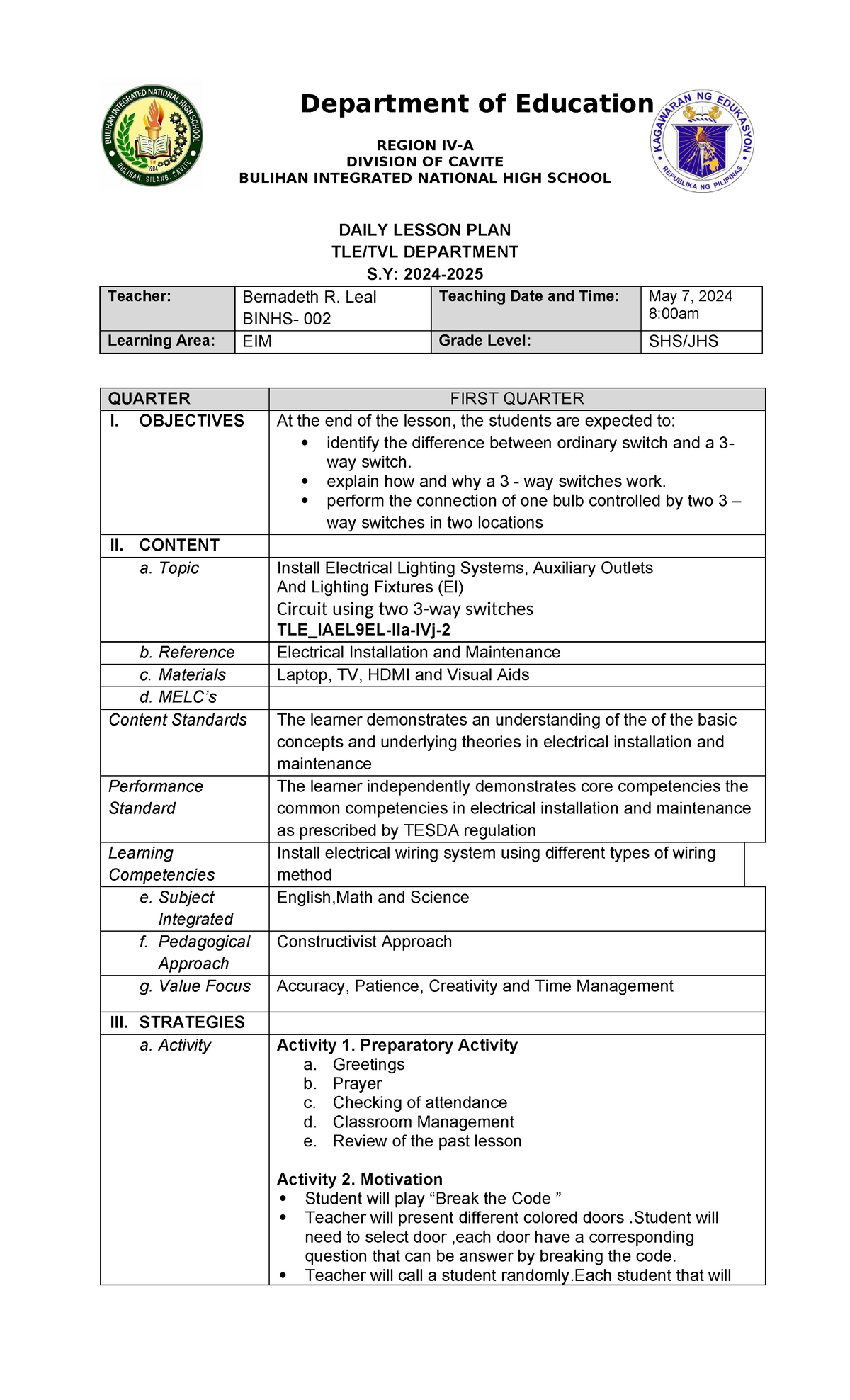 PAL2IHS-0006LP - Electrical Lesson Plan - Department of Education REGION IV-A DIVISION OF CAVITE ...