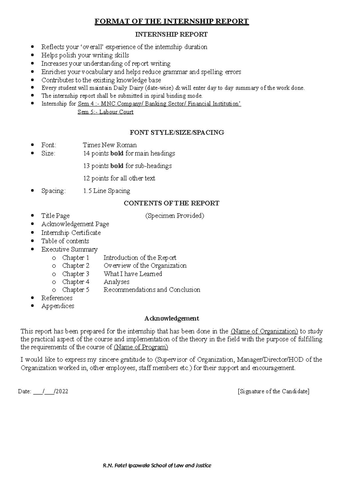 Internship Format - FORMAT OF THE INTERNSHIP REPORT INTERNSHIP REPORT ...