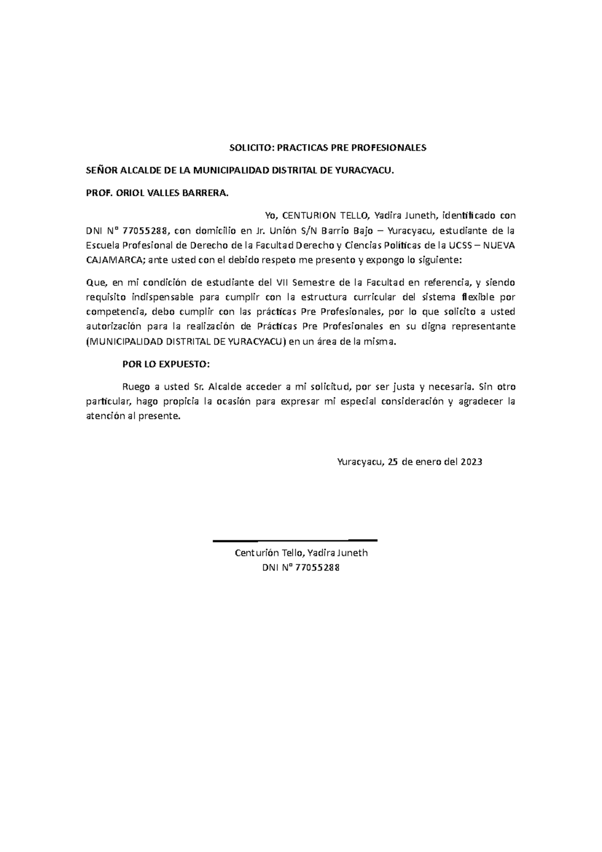 Solicitud DE Practicas PRE Perofesionales - SOLICITO: PRACTICAS PRE ...