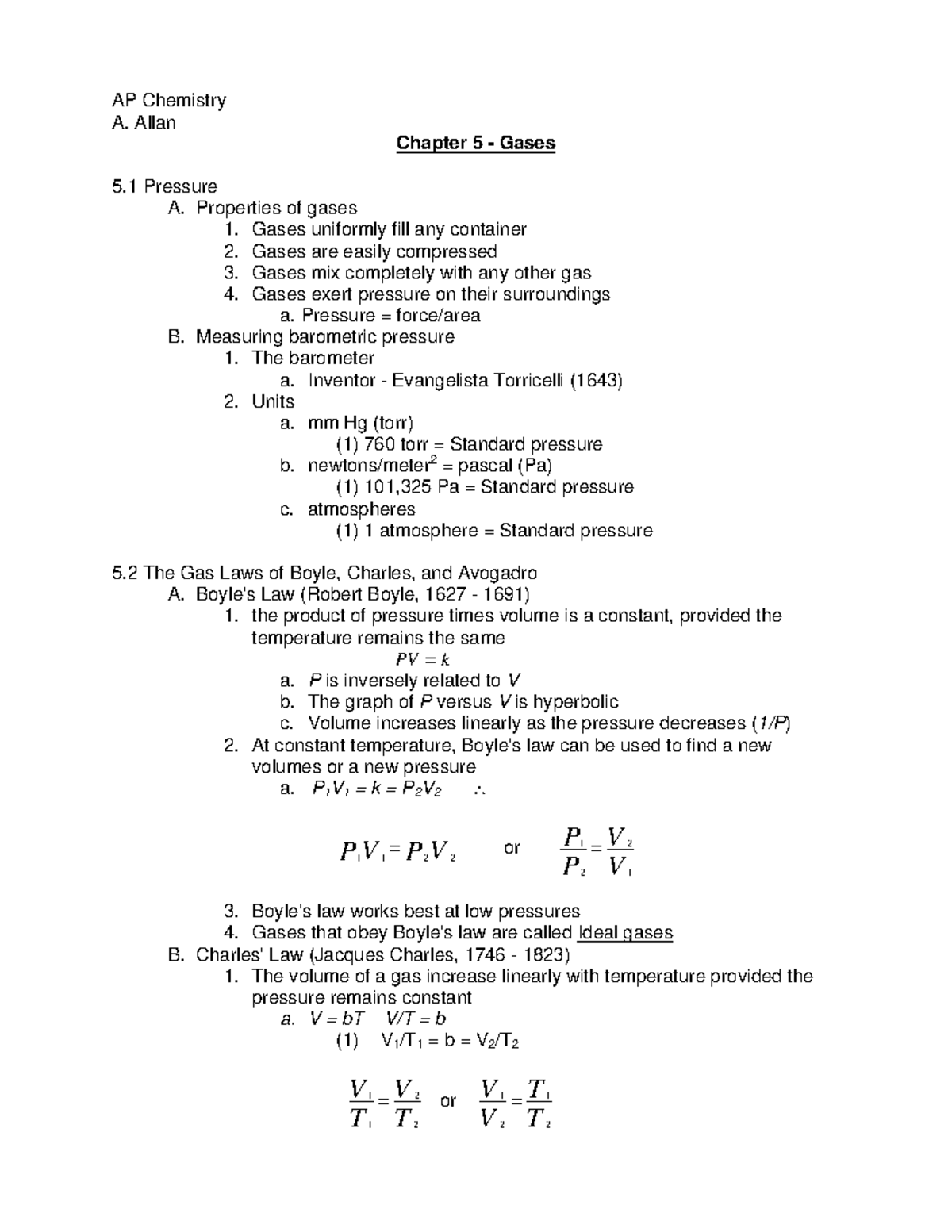 Ap chemistry - gases - AP Chemistry A. Allan Chapter 5 - Gases 5 ...