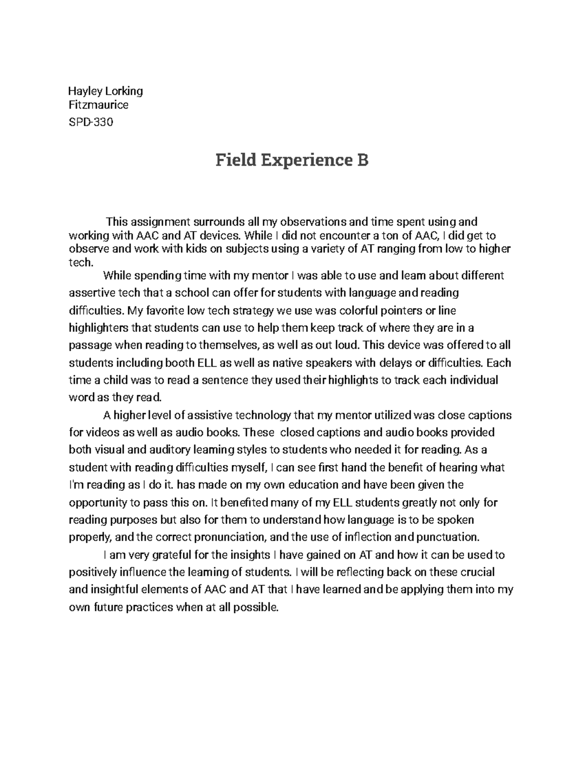 Field experience B SPD330 - Hayley Lorking Fitzmaurice SPD- Field ...