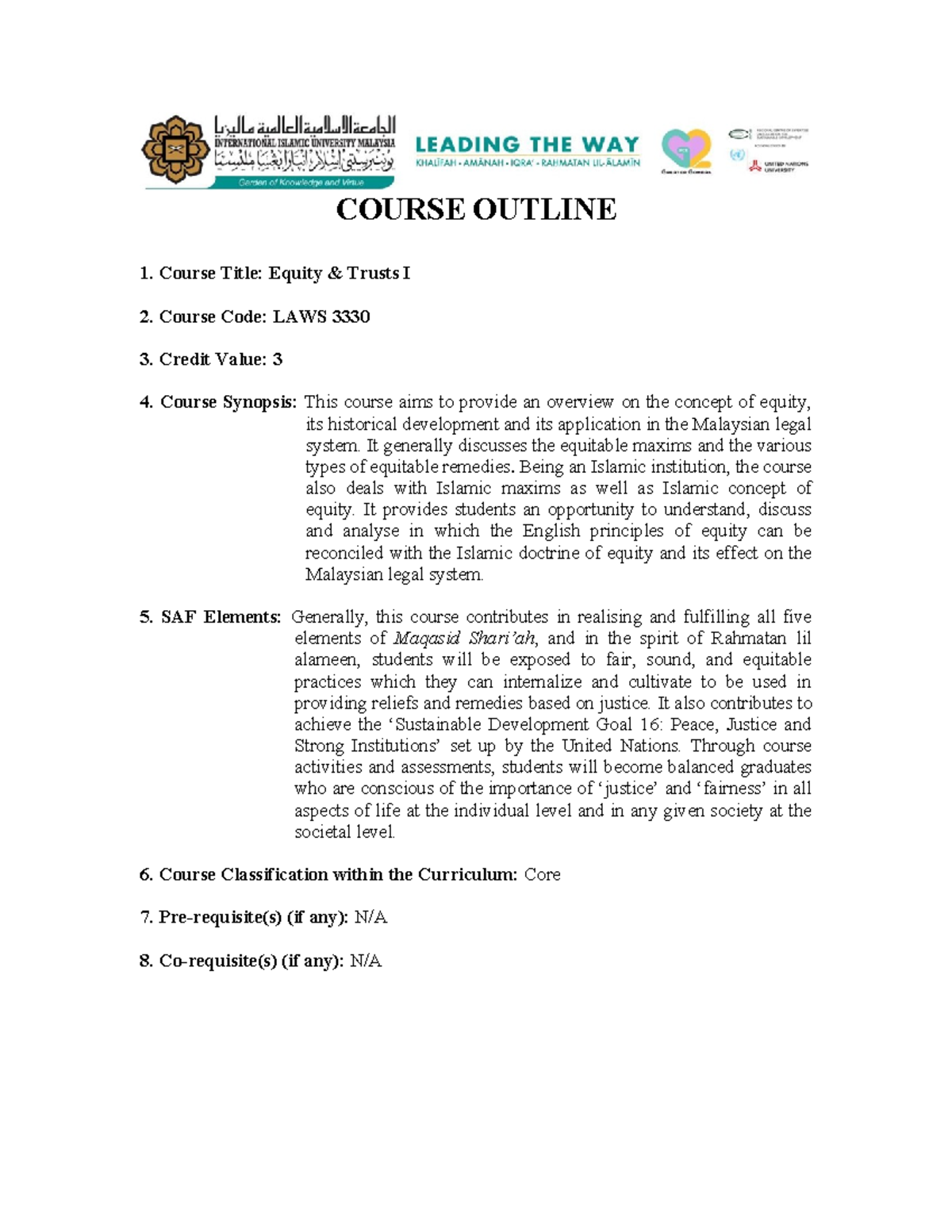 Course Outline LAWS 3330 - COURSE OUTLINE 1. Course Title: Equity ...