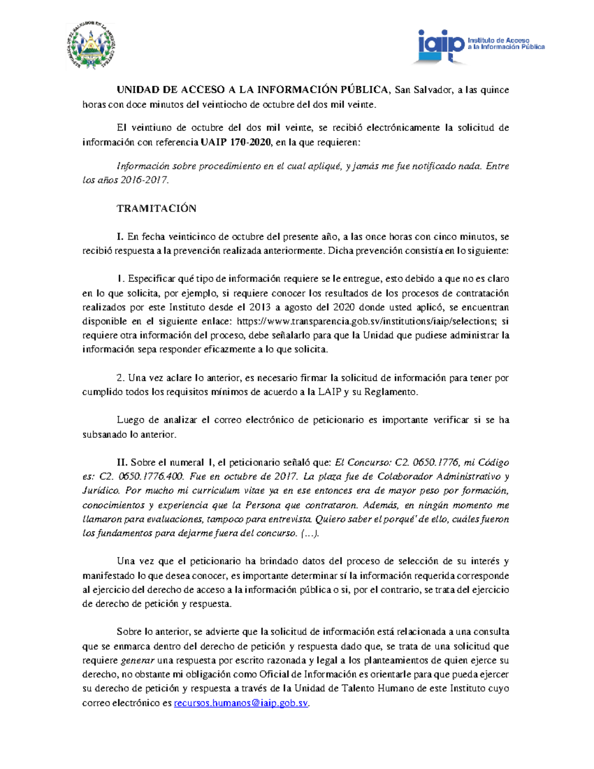 UAIP 170-2020. Resolución - UNIDAD DE ACCESO A LA INFORMACIÓN PÚBLICA ...