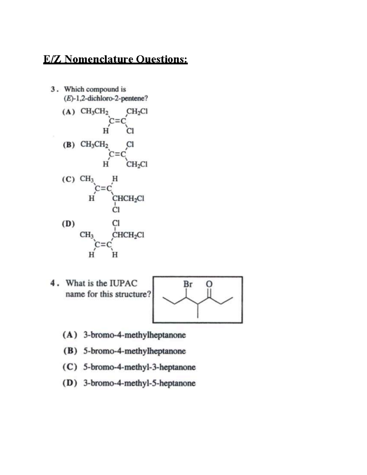 Exam 2 ACS-Style Questions - CHEM 2211 - E/Z Nomenclature Questions: E ...