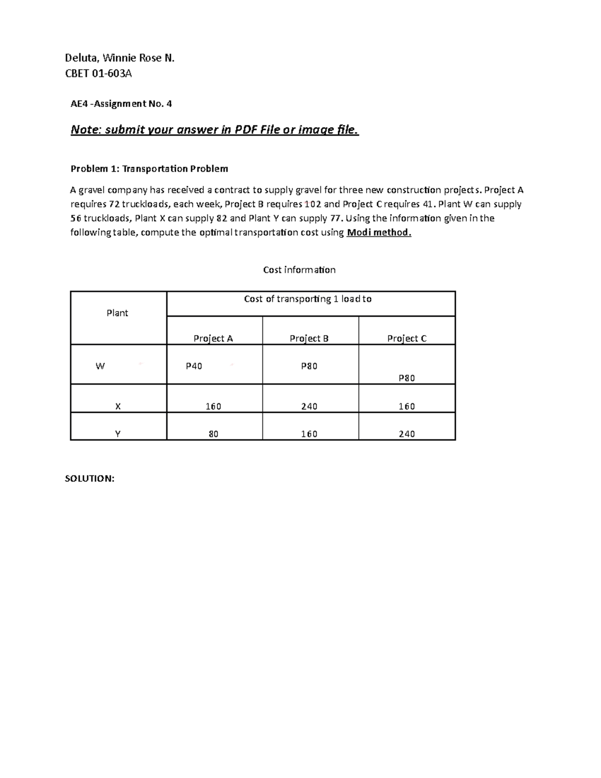 Transportation problem-Problem 1 and 2 - Deluta, Winnie Rose N. CBET 01-603A AE4 -Assignment No ...
