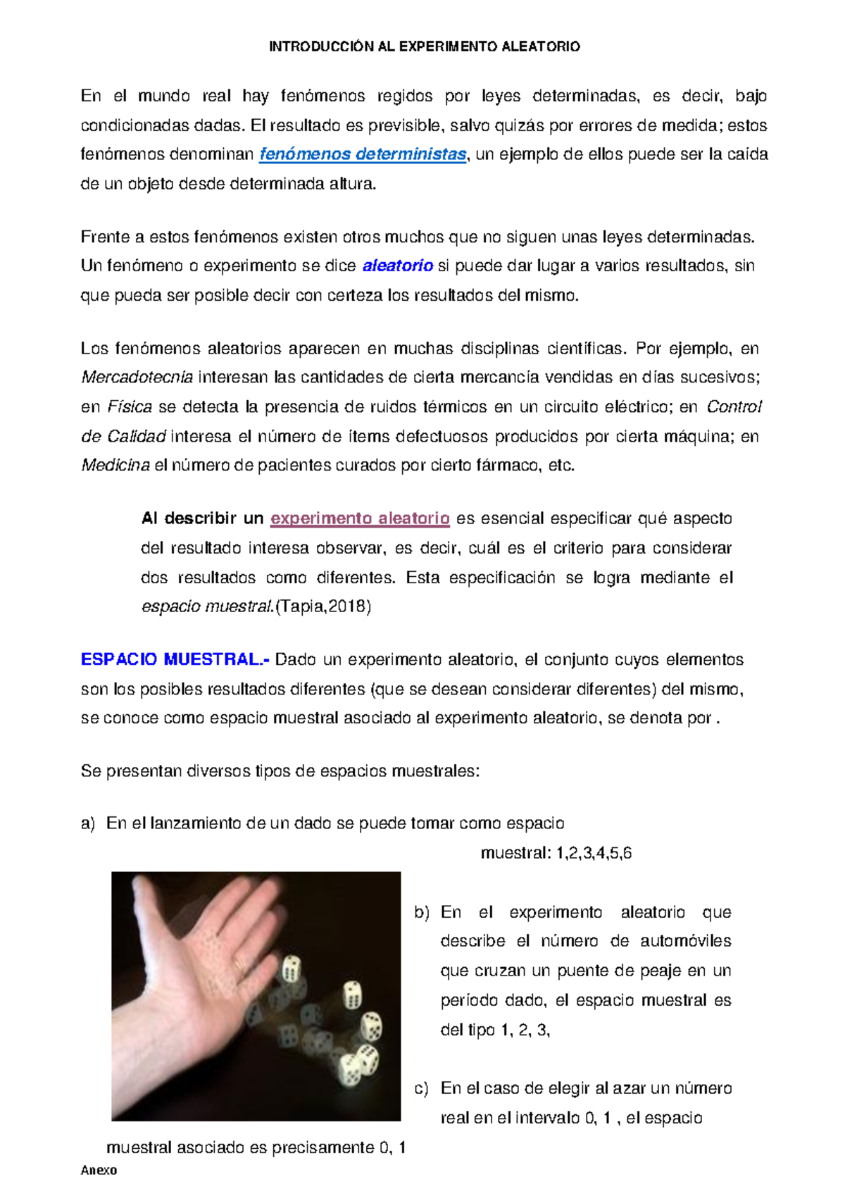 Experimentos Aleatorios - INTRODUCCIÓN AL EXPERIMENTO ALEATORIO En el ...