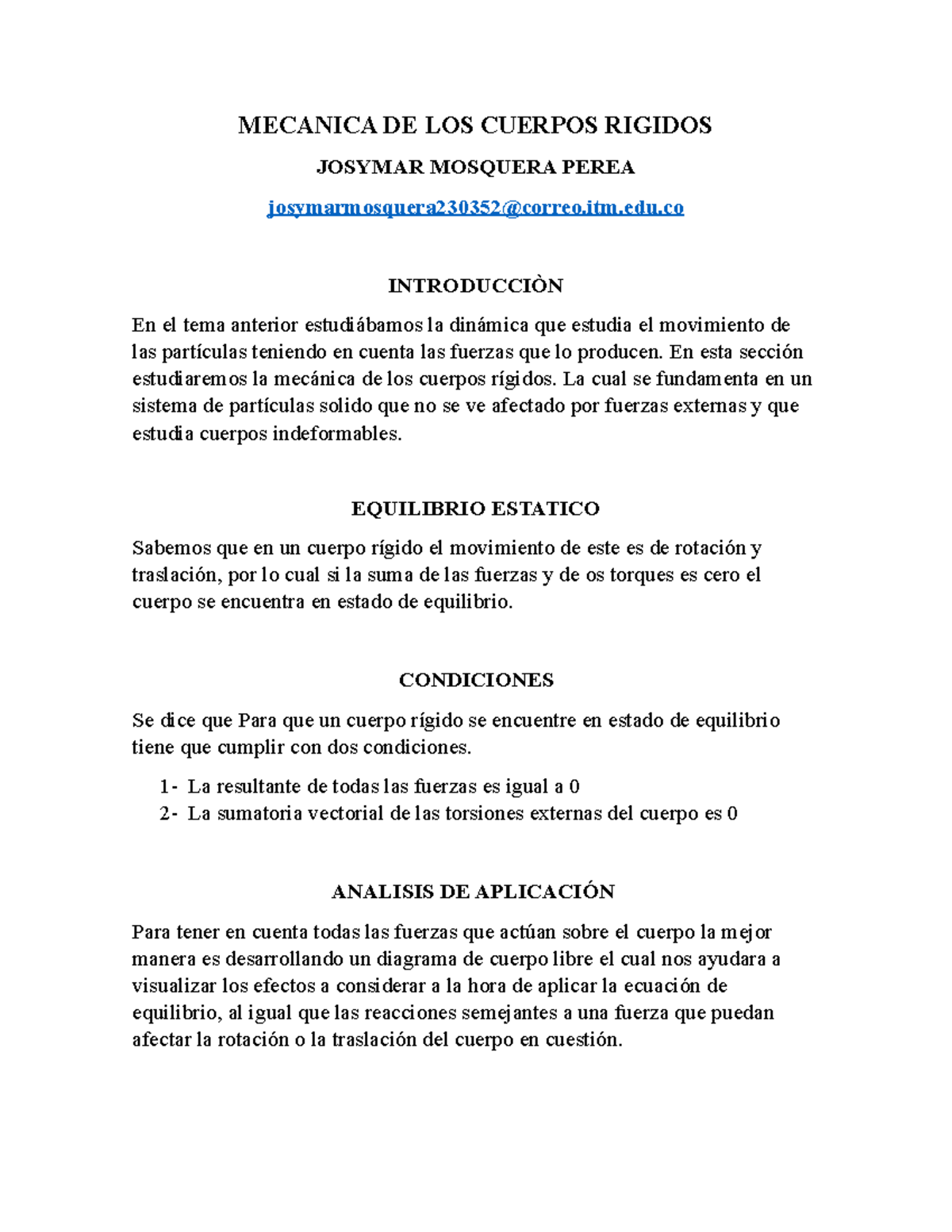 Articulo 3 cuerpos rigidos - MECANICA DE LOS CUERPOS RIGIDOS JOSYMAR MOSQUERA PEREA - Studocu