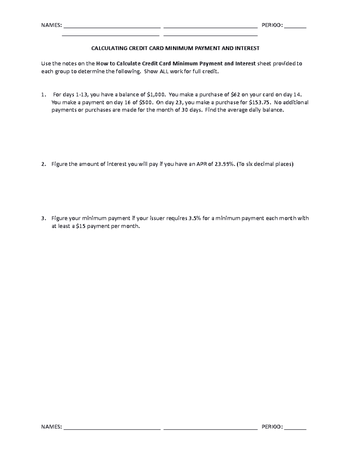 Calculating Credit Card Minimum Payment Interest Worksheet - NAMES