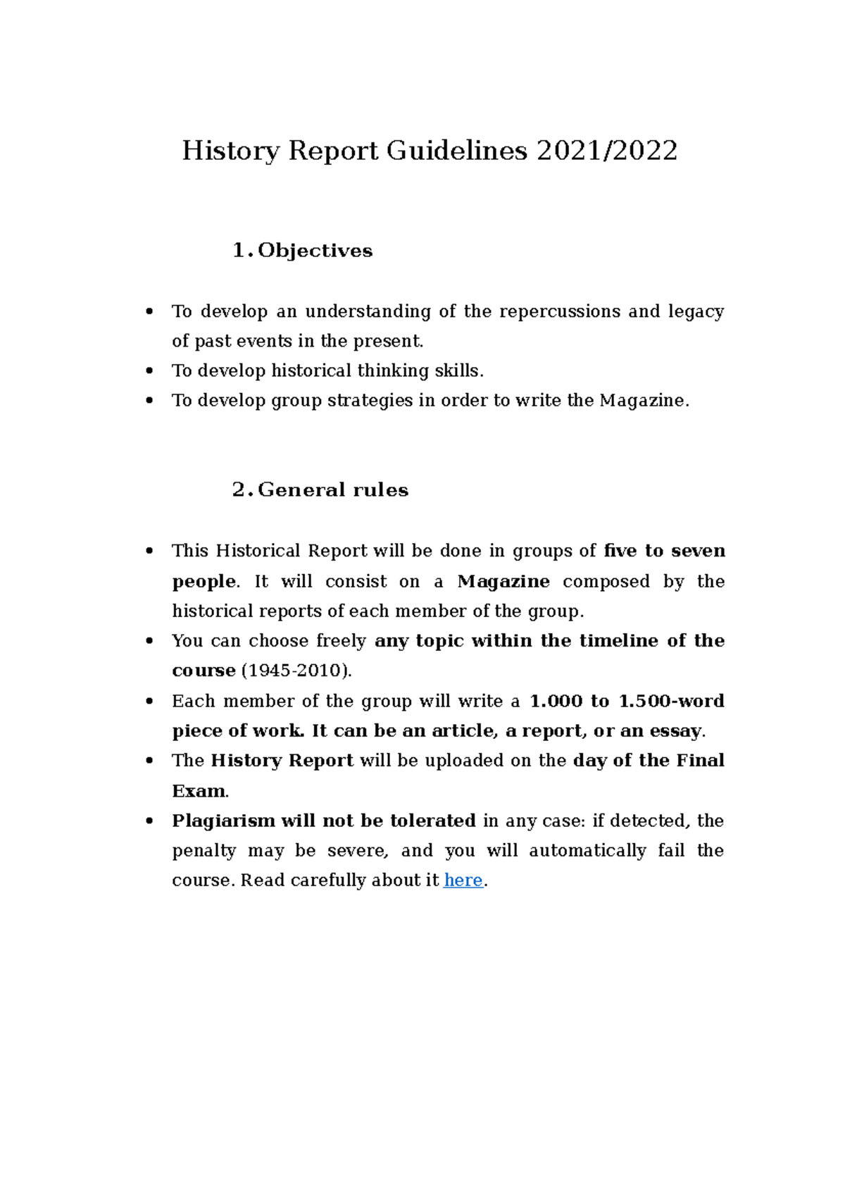 History Report Guidelines - Objectives To develop an understanding of ...
