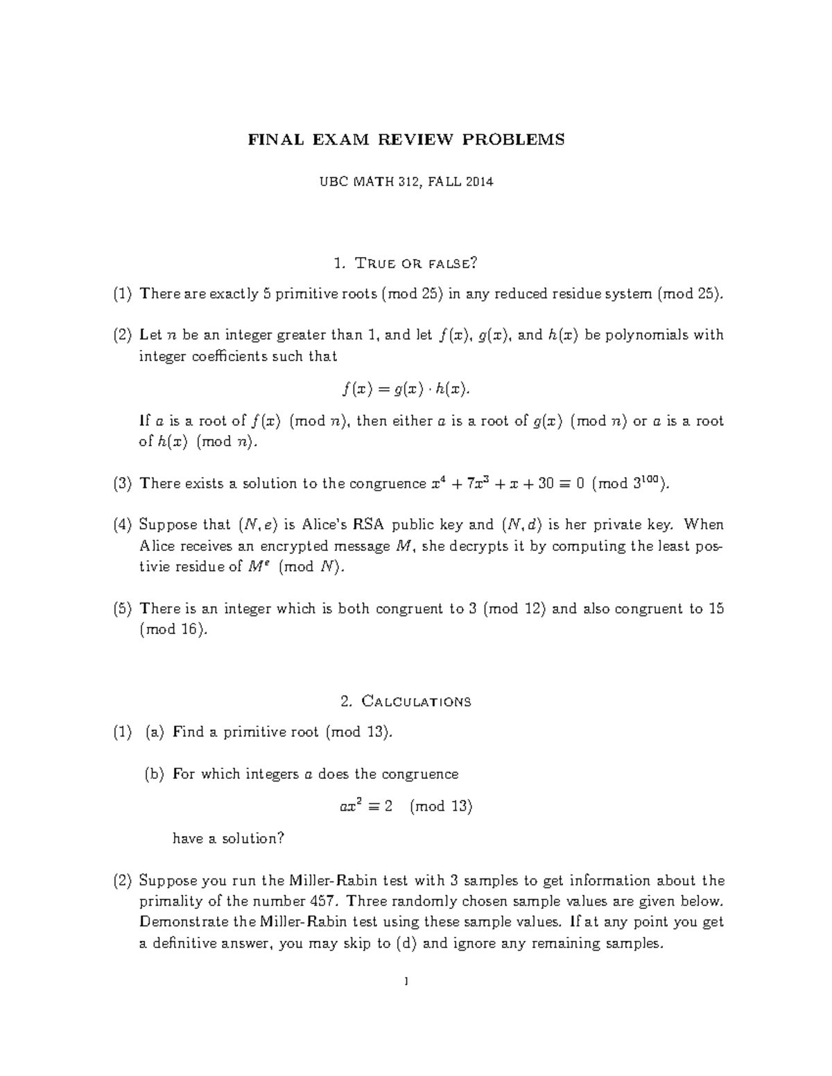 Final Exam Review Problems UBC Math 312 Fall 2014 - Studocu
