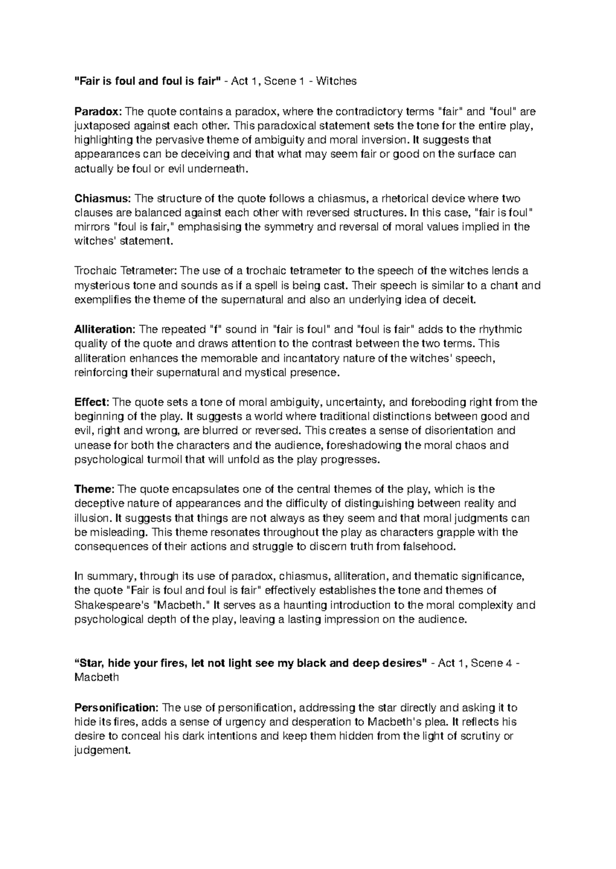 Macbeth Quotes and Analysis (more depth) - "Fair is foul and foul is ...