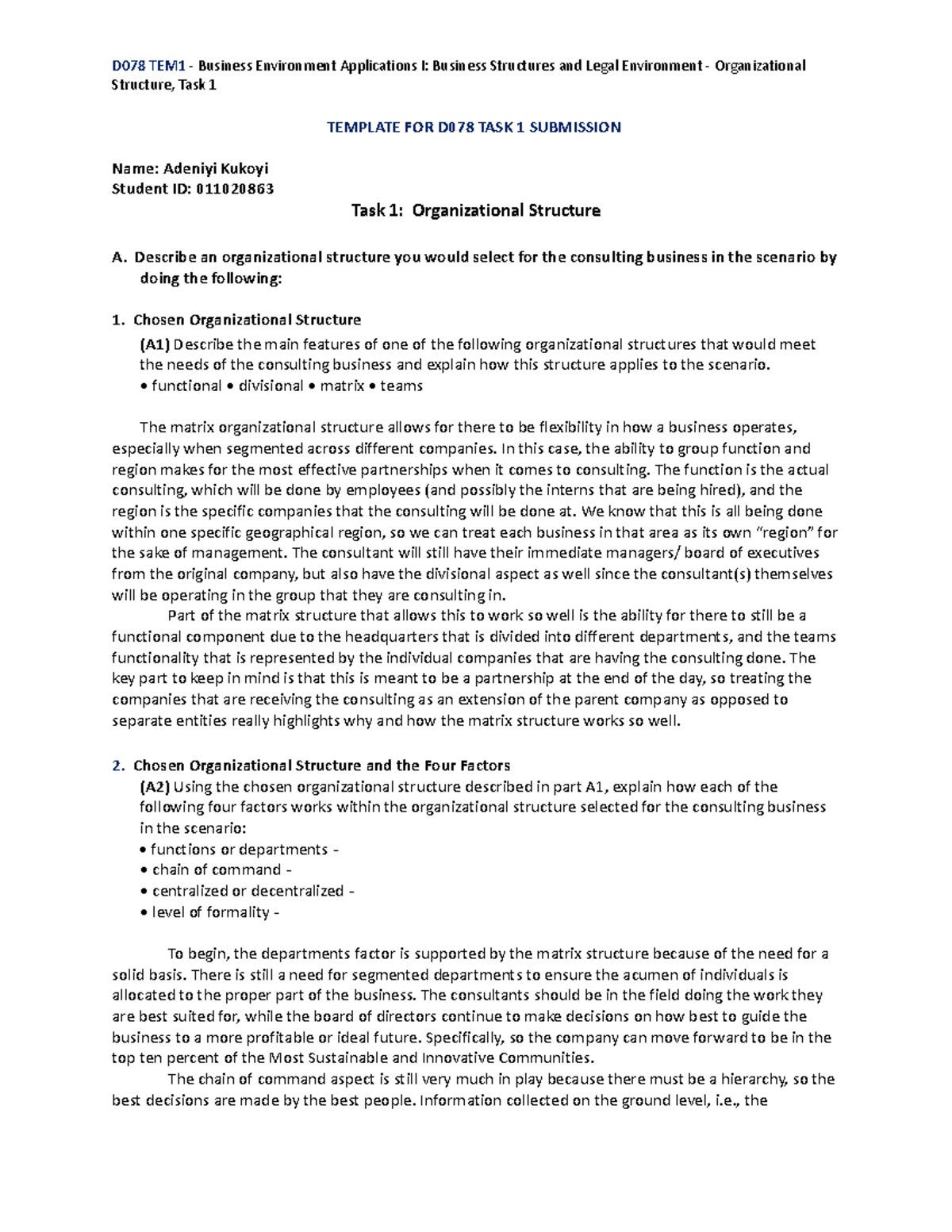 D078 Task 1 submission - task 1 - D078 TEM1 - Business Environment ...