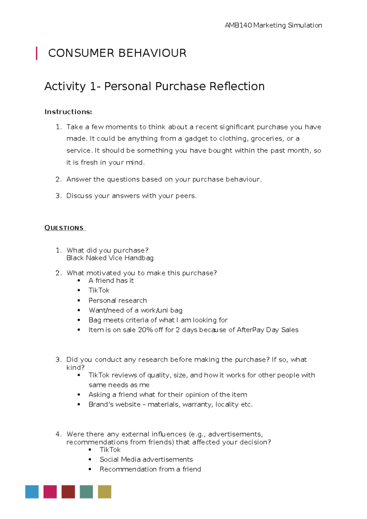 Consumer Behaviour Worksheet - AMB140 Marketing Simulation CONSUMER ...