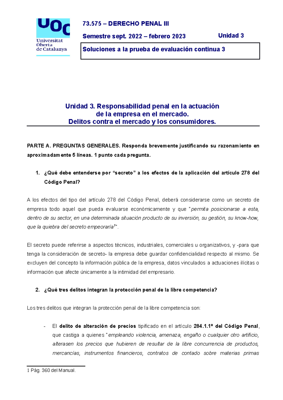 73 - solpec - 73 – DERECHO PENAL III Semestre sept. 2022 – febrero 2023 Unidad 3 Soluciones a la ...