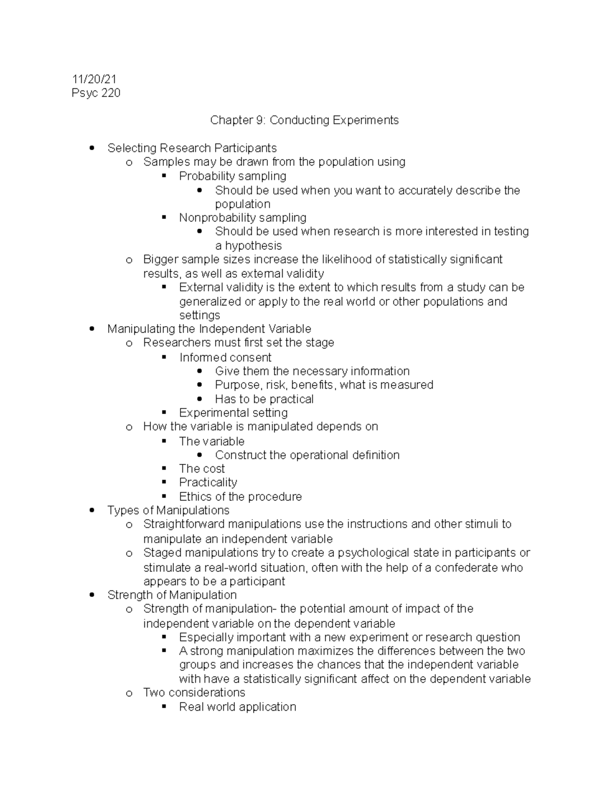 Ch 9 Conducting Experiments - 11/20/ Psyc 220 Chapter 9: Conducting ...