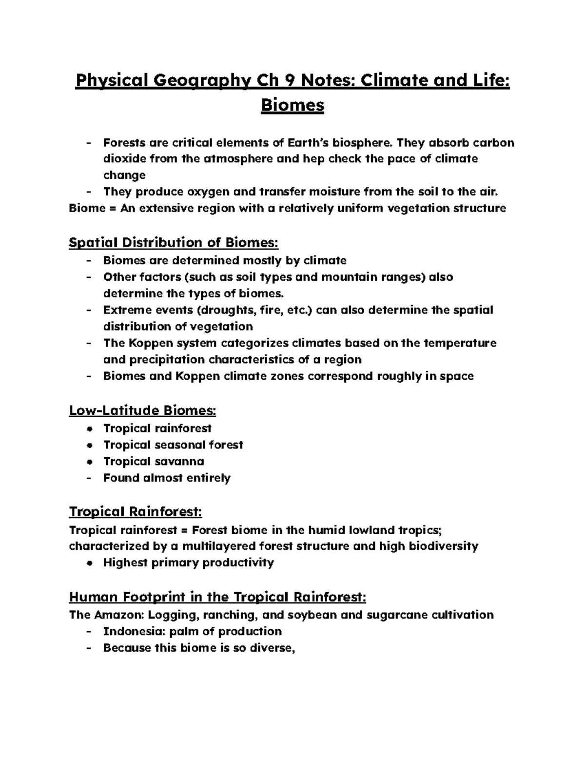 Physical Geography Ch 9 Notes Climate and Life Biomes - Physical ...