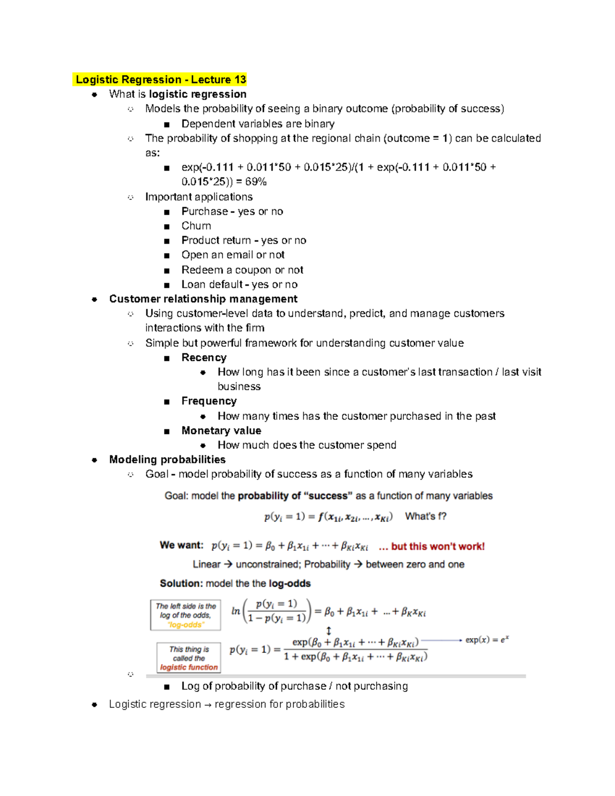 MKTG 212 Midterm 2 Notes - Logistic Regression - Lecture 13 What is ...