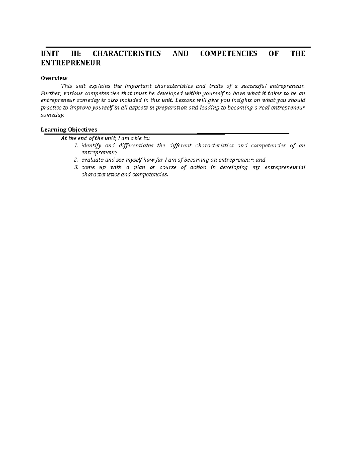 Entrep Behavior UNIT III - UNIT III: CHARACTERISTICS AND COMPETENCIES ...