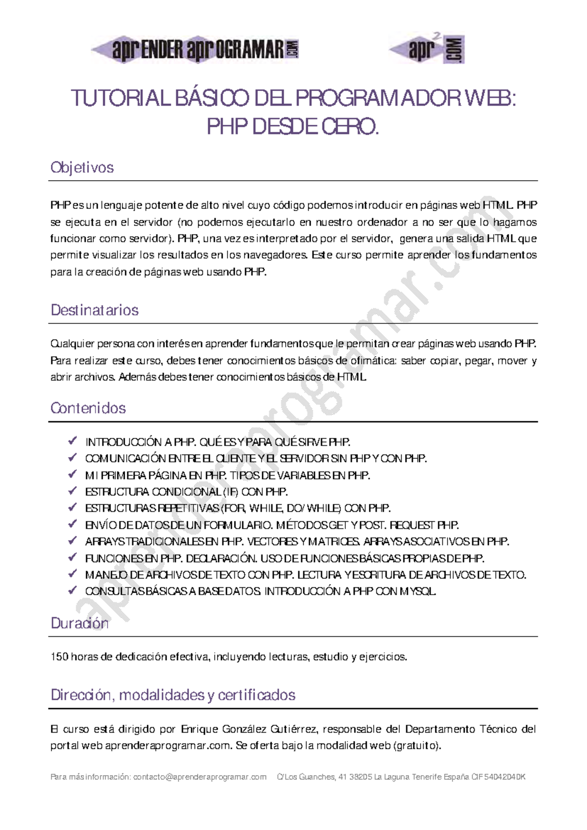 CU00800 B Ficha curso tutorial basico programador web PHP desde cero ...
